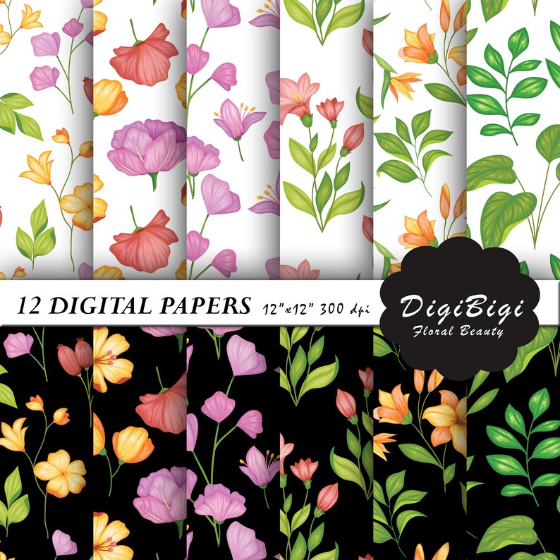 Flowers Digital Paper, Seamless Floral Digital Paper, Hand Drawn ...
