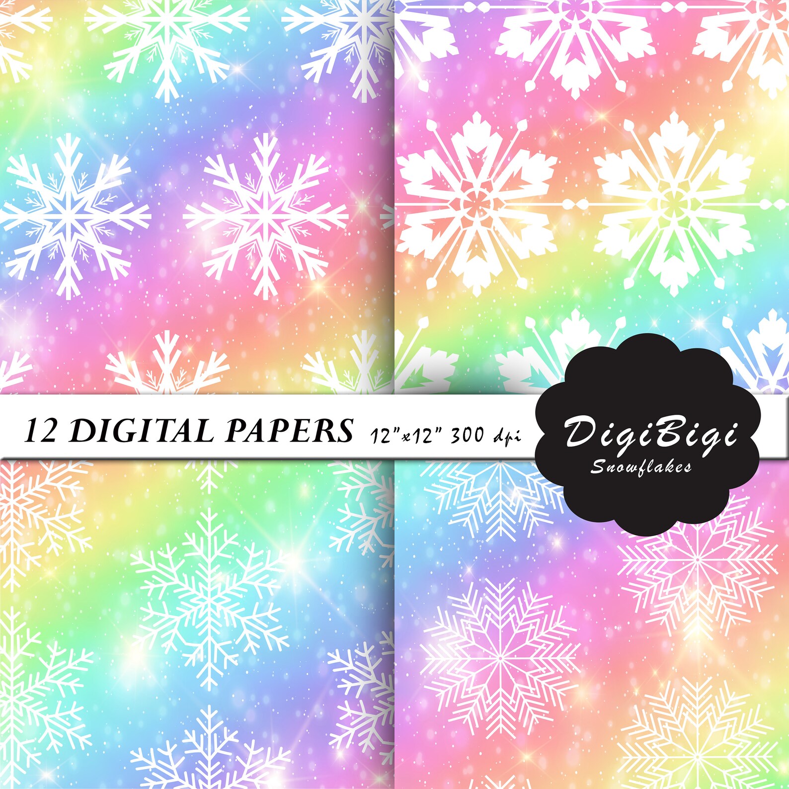 Unicorn Snowflake Digital Paper: Rainbow Christmas Scrapbook (12" X 12 ...