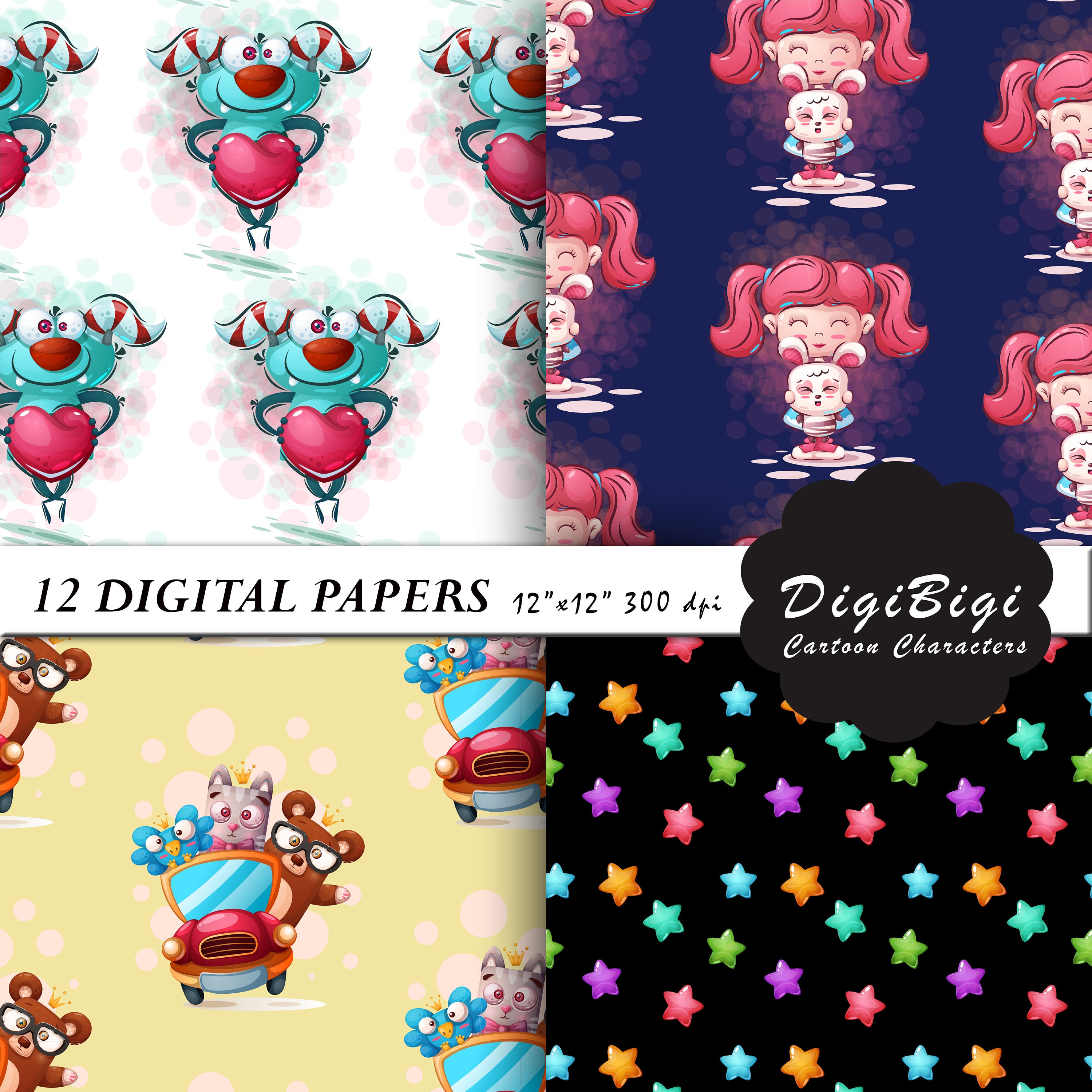Kids Digital Paper, Cartoon Digital Paper, Cartoon Characters Patterns ...
