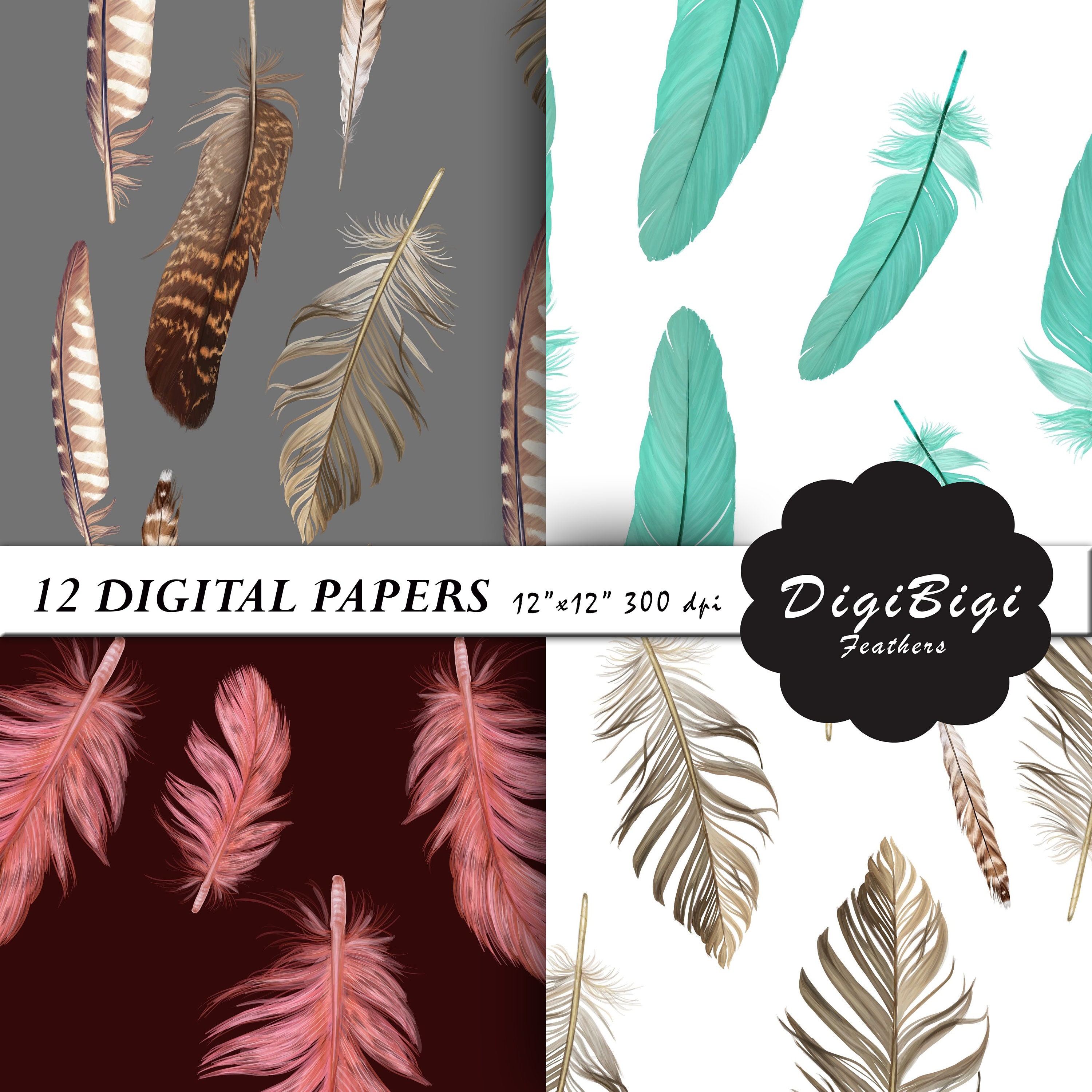 Feather Digital Paper: 12 Seamless Patterns (12x12 JPG) (digital ...