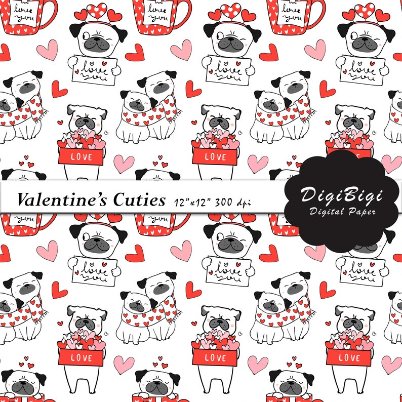 Valentines Digital Paper, Cute Puppies Digital Paper, Seamless ...