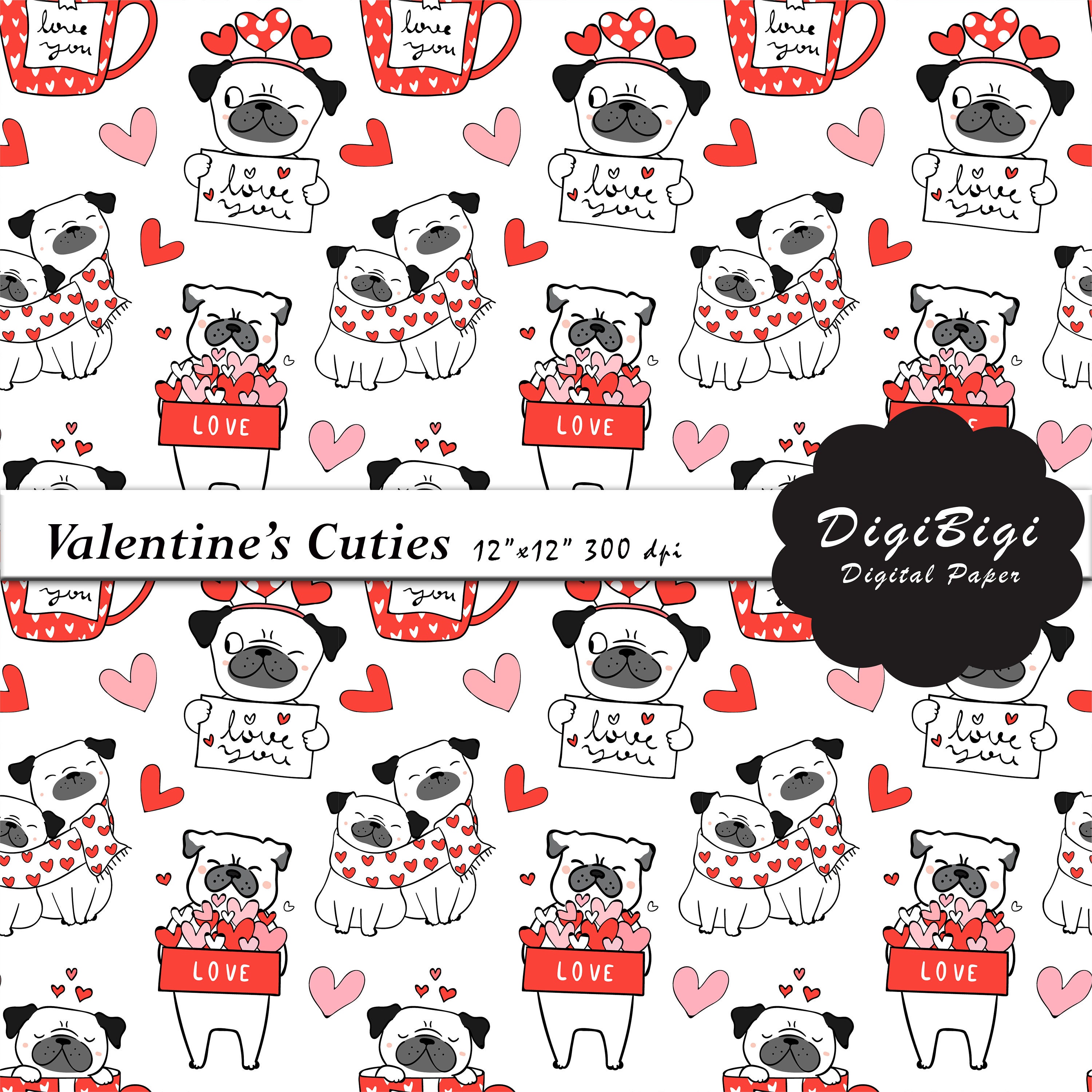 Valentines Digital Paper, Cute Puppies Digital Paper, Seamless ...