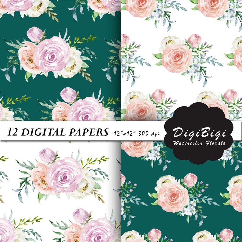 Watercolor Flower Digital Paper, Floral Digital Paper, Watercolor Roses ...