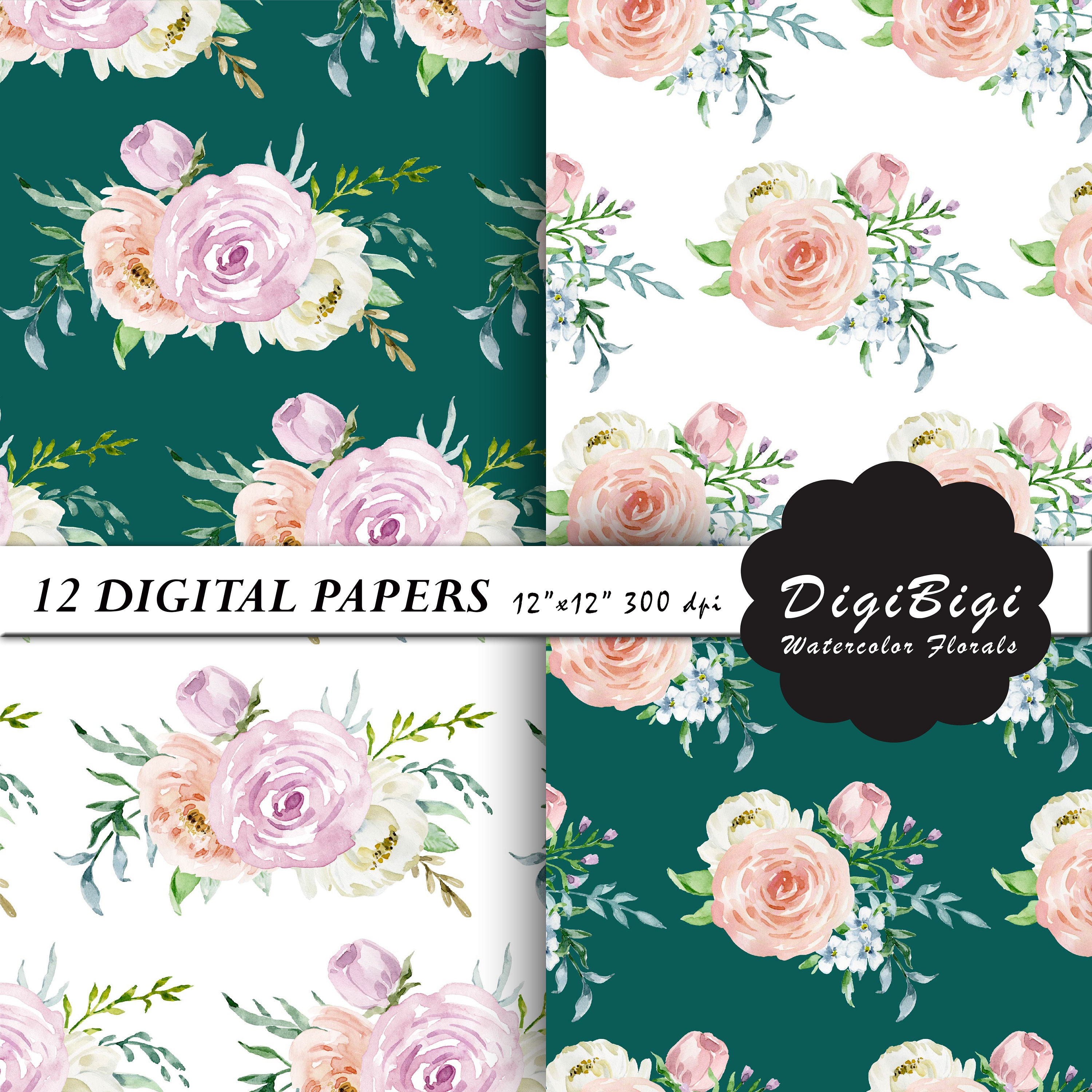 Watercolor Flower Digital Paper, Floral Digital Paper, Watercolor Roses ...