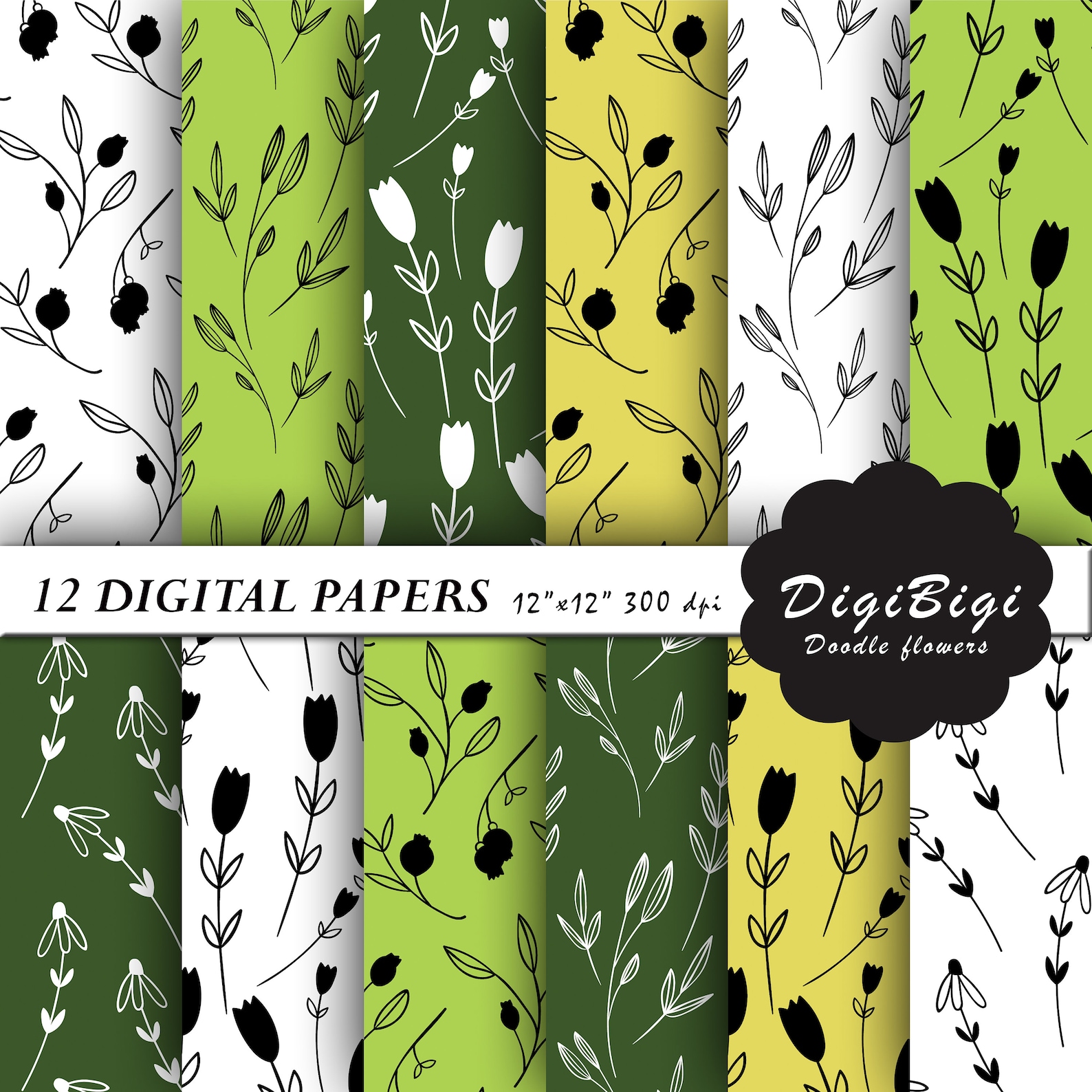 Doodle Flowers Digital Paper, Seamless Floral Digital Paper, Green ...