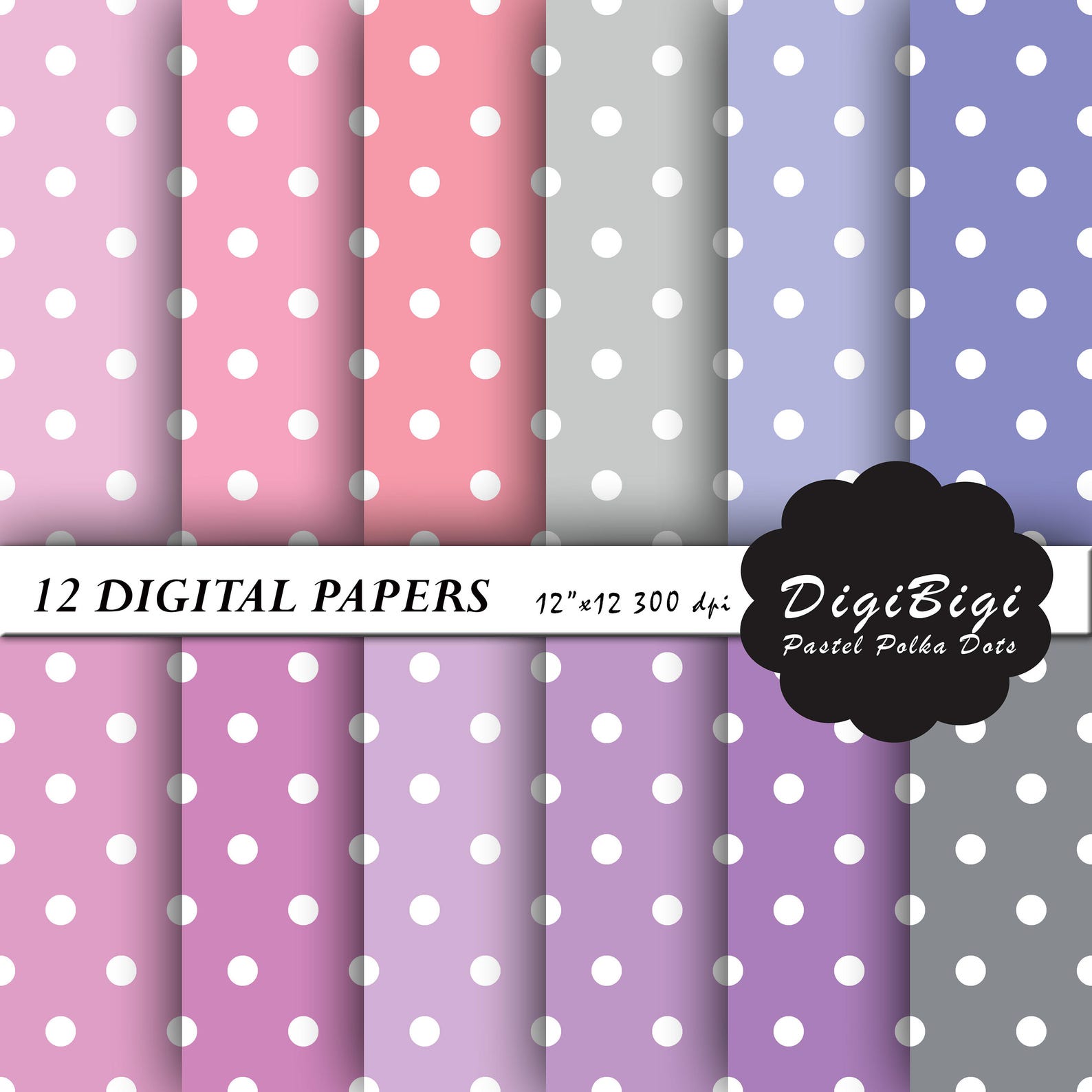 Pastel Polka Dots Digital Paper, Pink Dots Paper, Purple Dots Paper, 12 ...