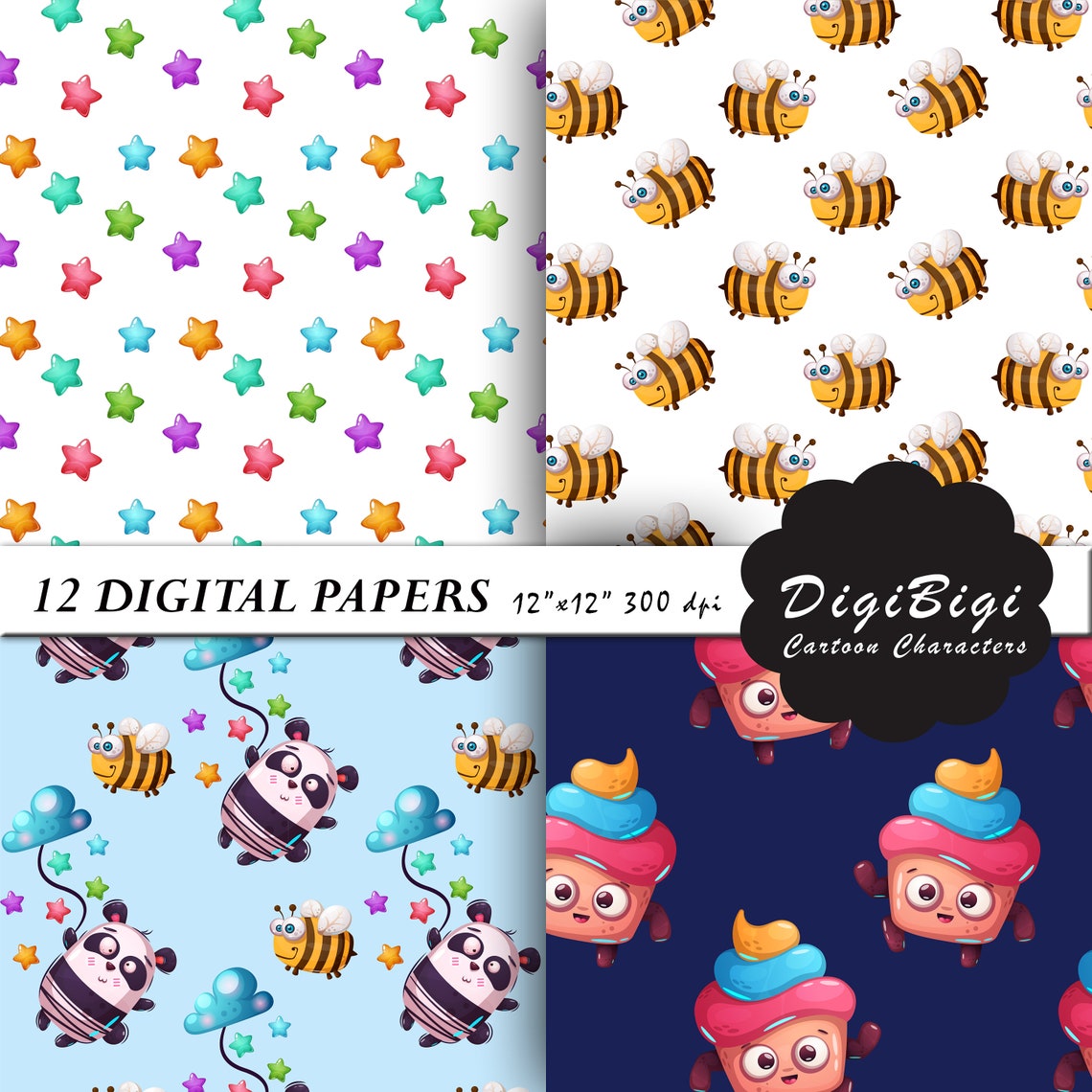 Kids Digital Paper, Cartoon Digital Paper, Cartoon Characters Patterns ...