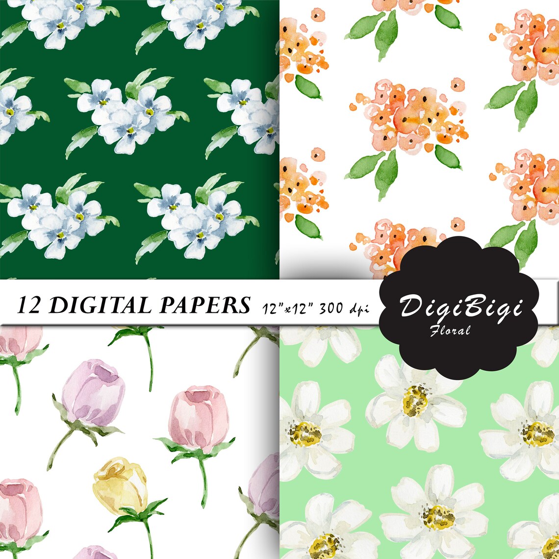 Floral Digital Paper, Watercolor Flowers Digital Paper, Watercolor ...