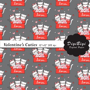 Valentines Digital Paper, Cute Cat Digital Paper, Seamless Valentines ...
