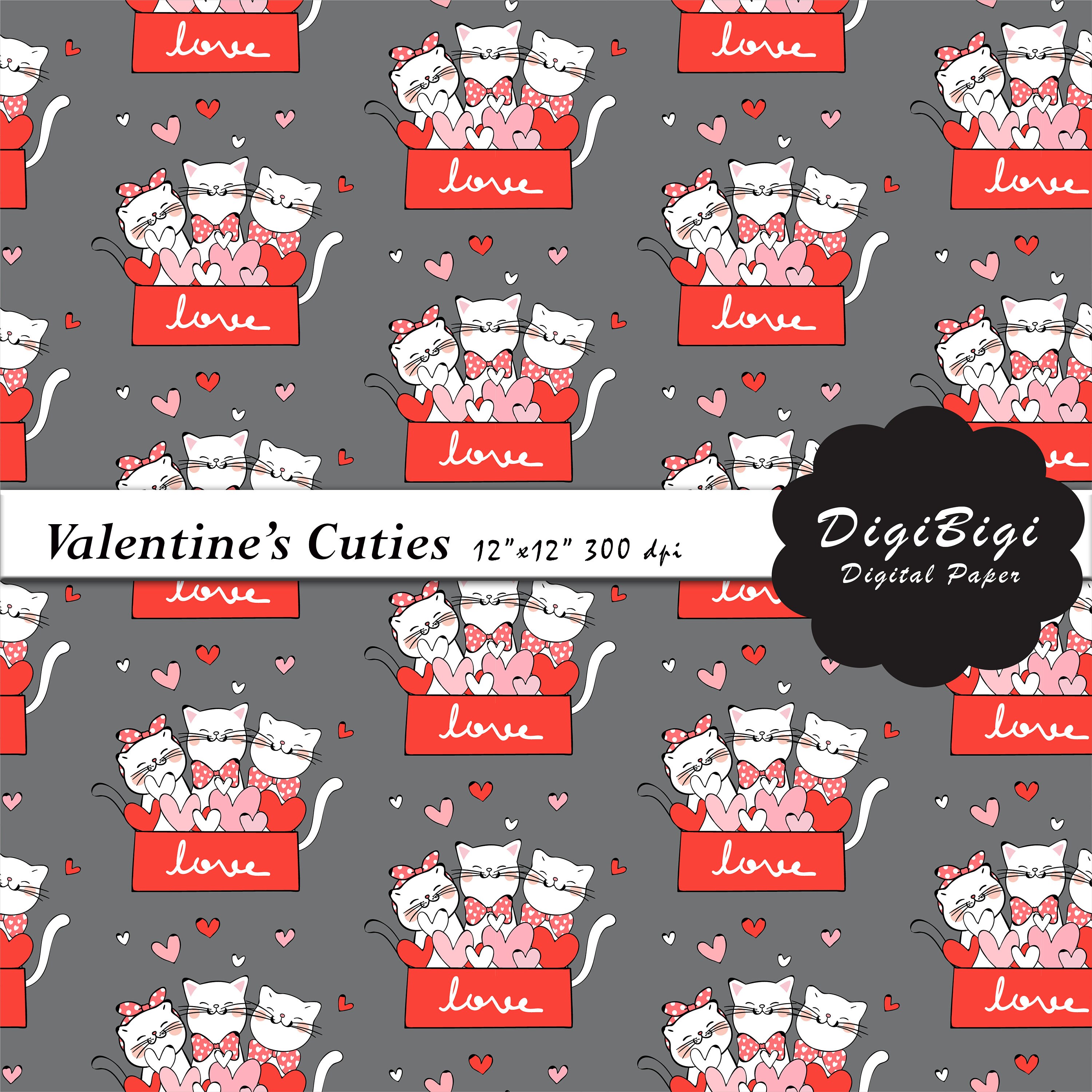 Valentines Digital Paper, Cute Cat Digital Paper, Seamless Valentines ...