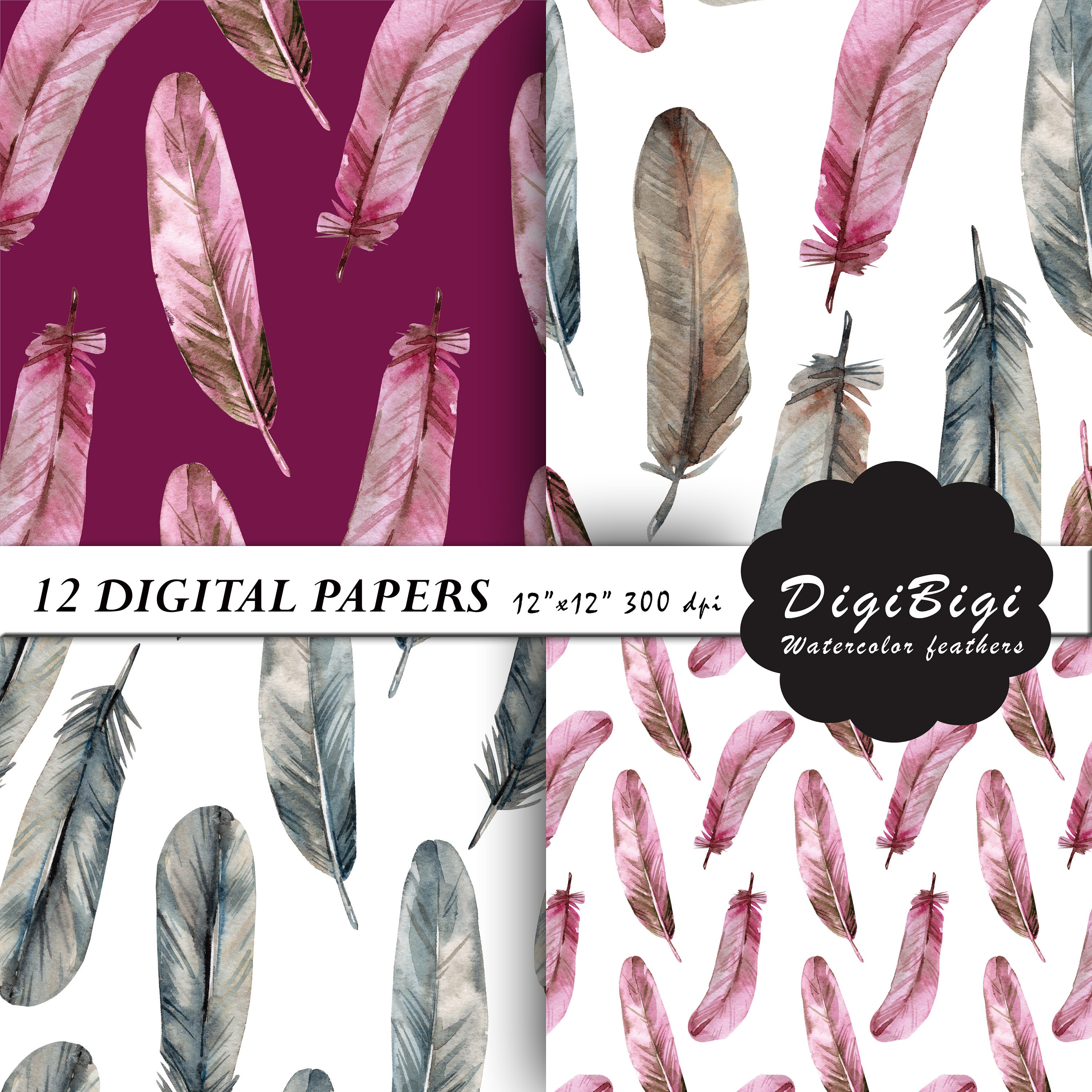 Watercolor Feathers Digital Paper, Seamless Feather Digital Paper ...