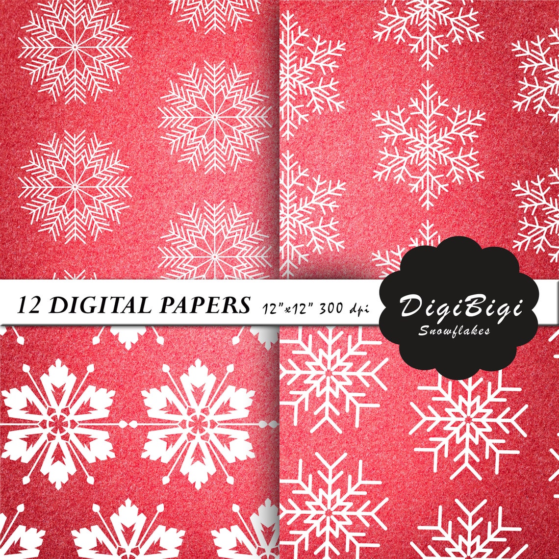 Snowflake Digital Paper, Christmas Digital Paper, Snowflake Patterns ...