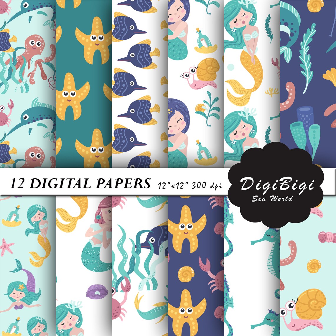 Sea World Digital Paper, Mermaid Digital Paper, Sea Patterns ...