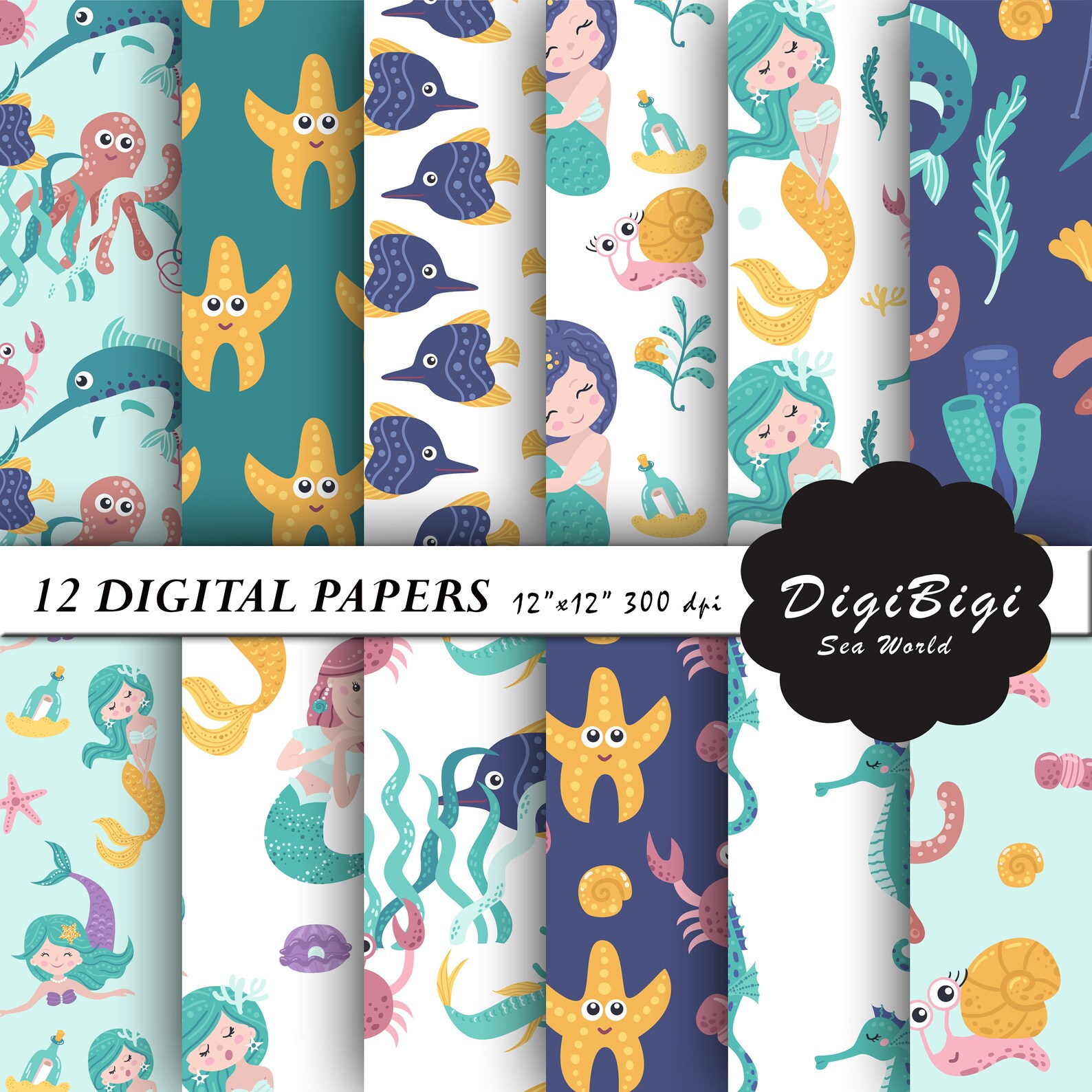 Sea World Digital Paper, Mermaid Digital Paper, Sea Patterns ...