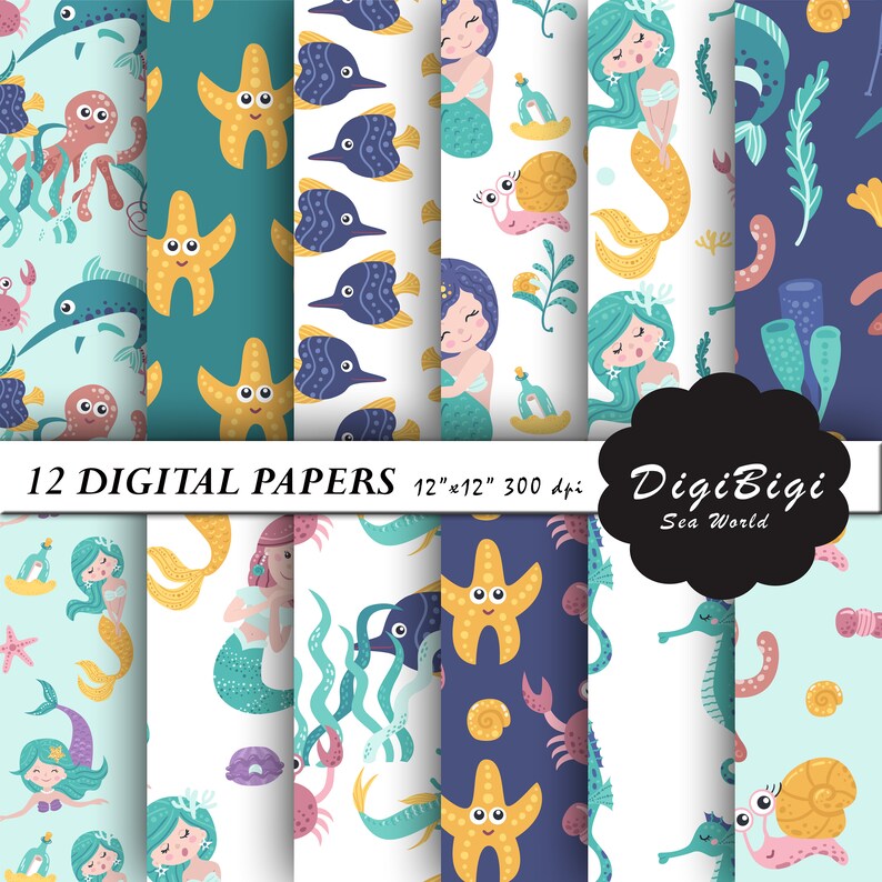 Sea World Digital Paper, Mermaid Digital Paper, Sea Patterns ...