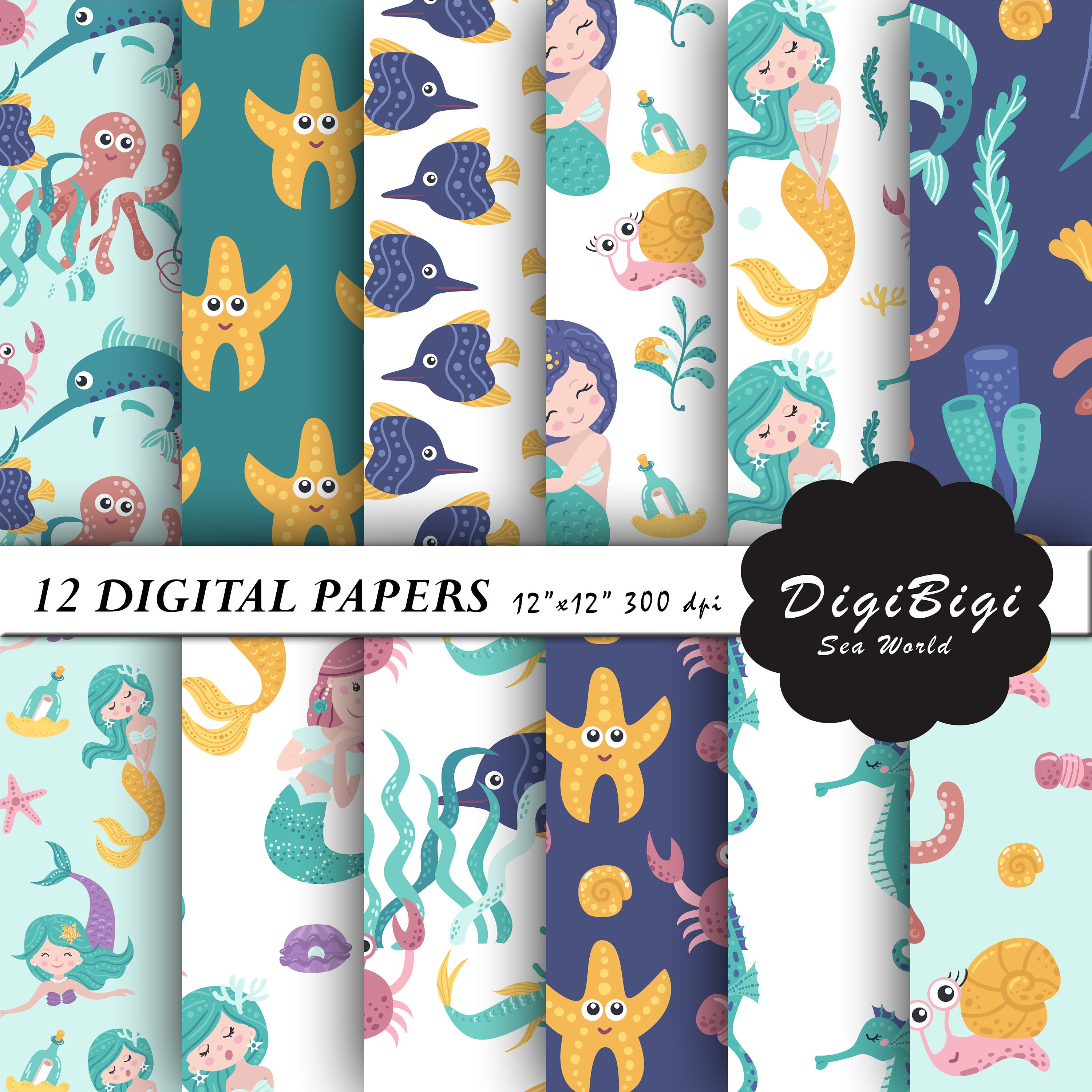 Sea World Digital Paper, Mermaid Digital Paper, Sea Patterns ...