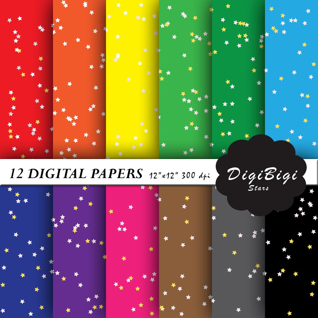 Color Stars Digital Paper, 12 X 12, Rainbow Stars Background, Bright ...