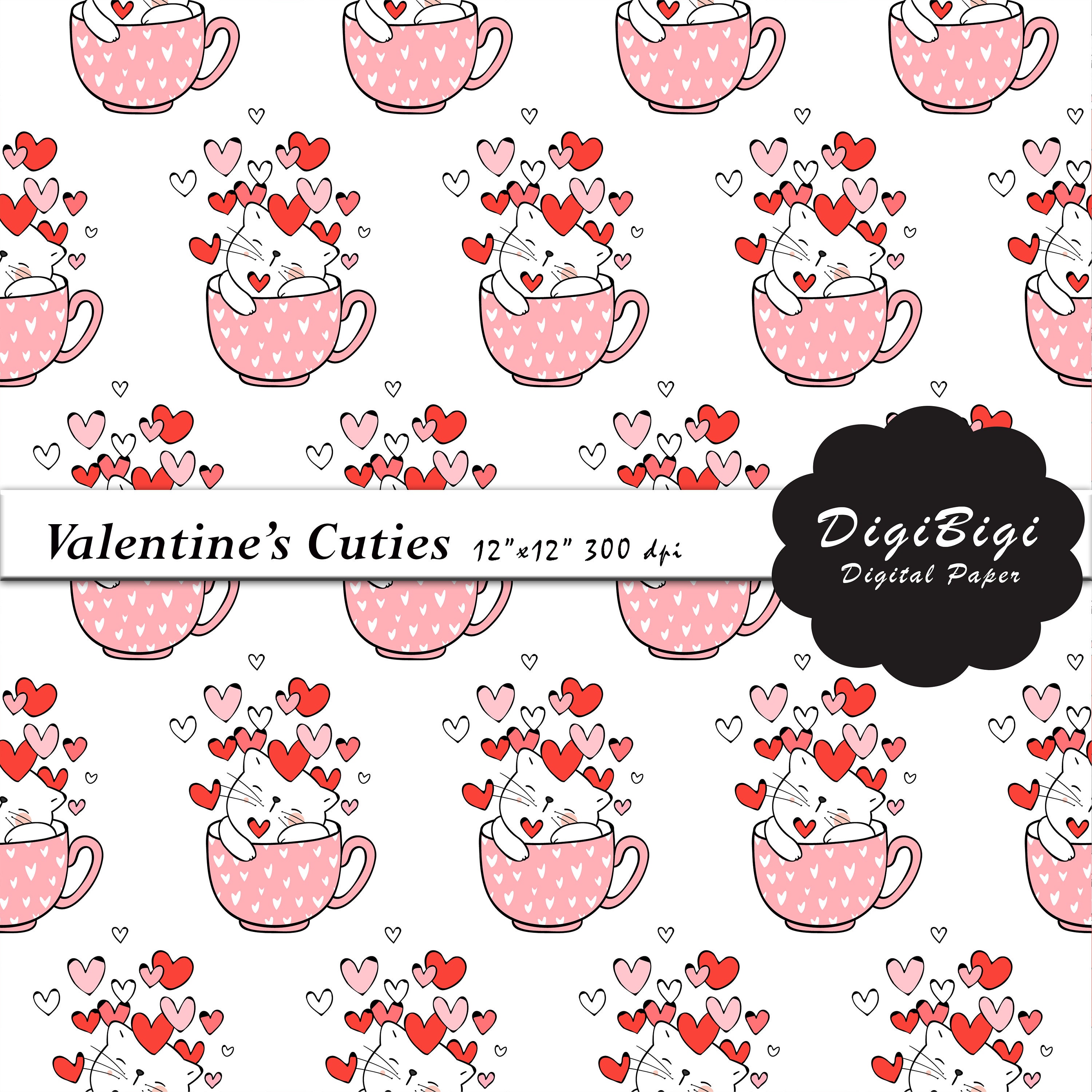 Valentines Digital Paper, Cute Cat Digital Paper, Seamless Valentines ...