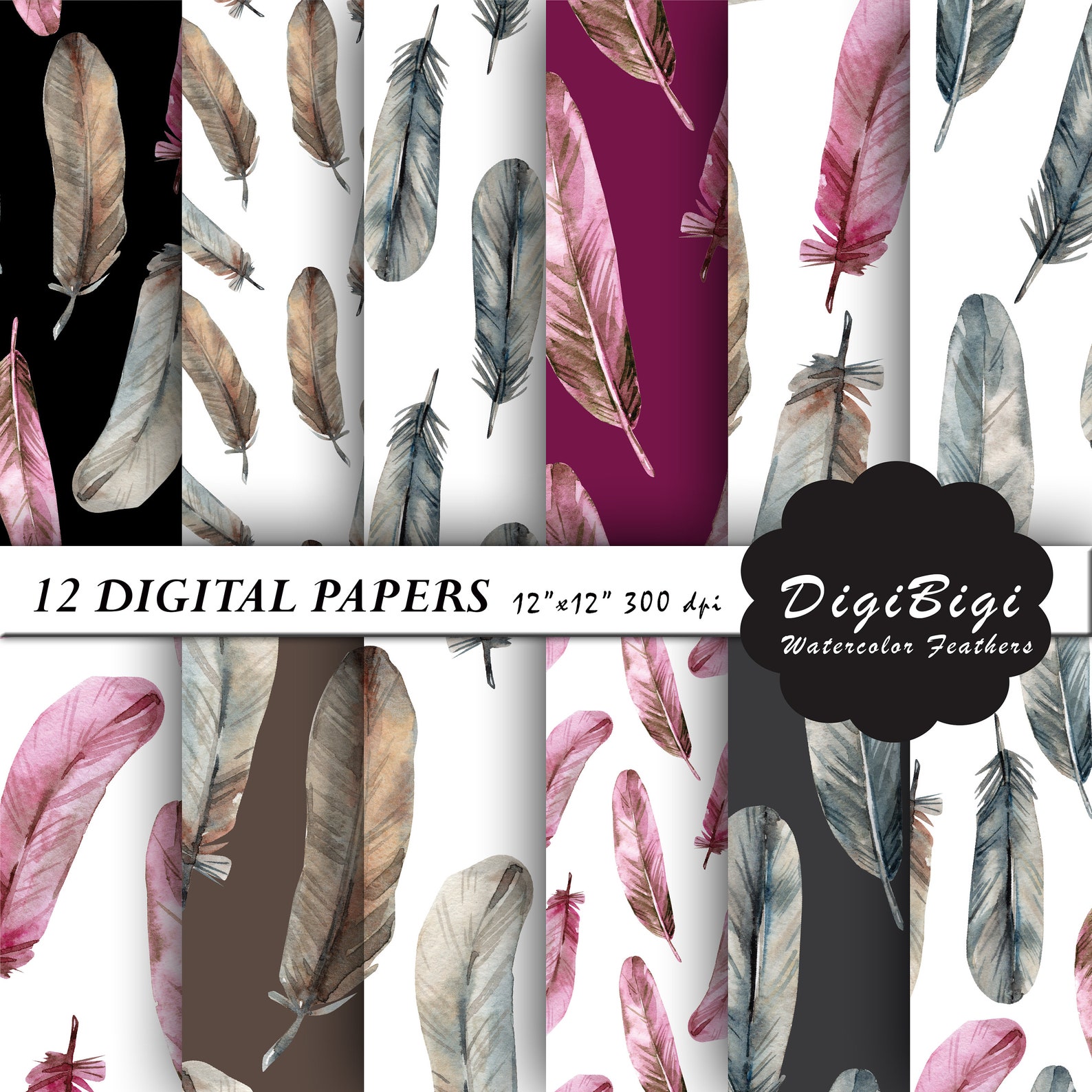 Watercolor Feathers Digital Paper, Seamless Feather Digital Paper ...