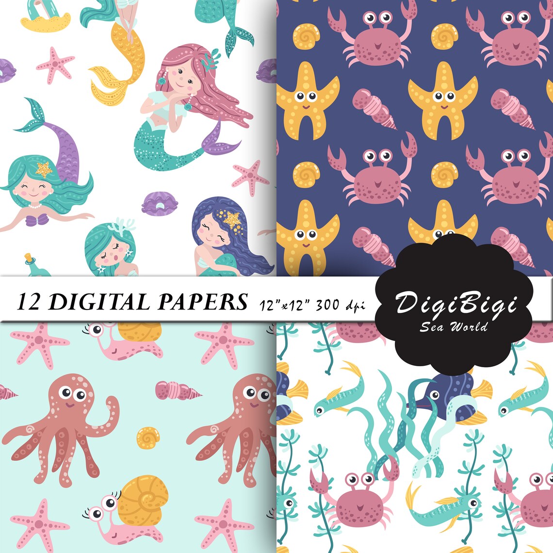 Sea World Digital Paper, Mermaid Digital Paper, Sea Patterns ...