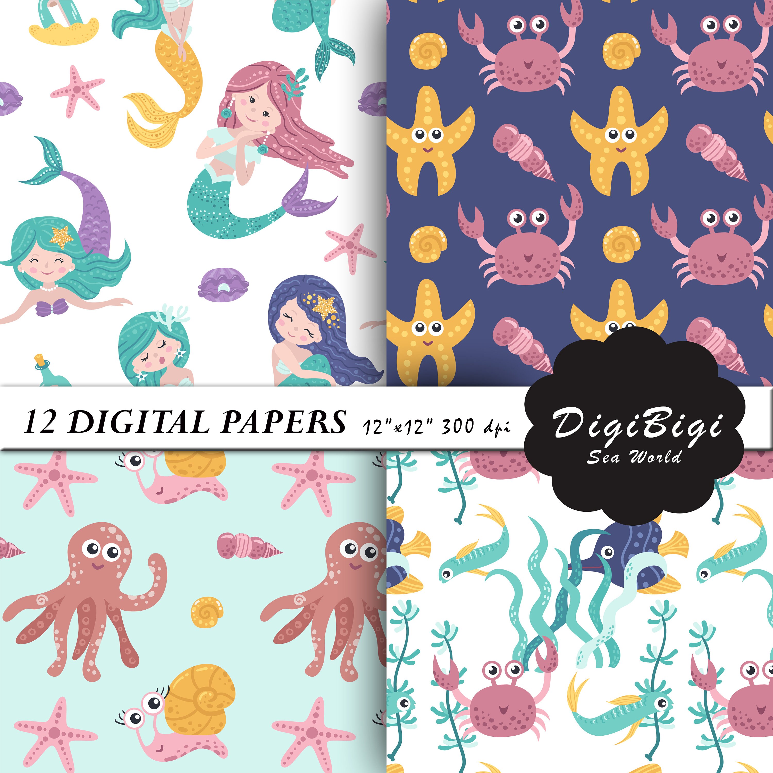 Sea World Digital Paper, Mermaid Digital Paper, Sea Patterns ...