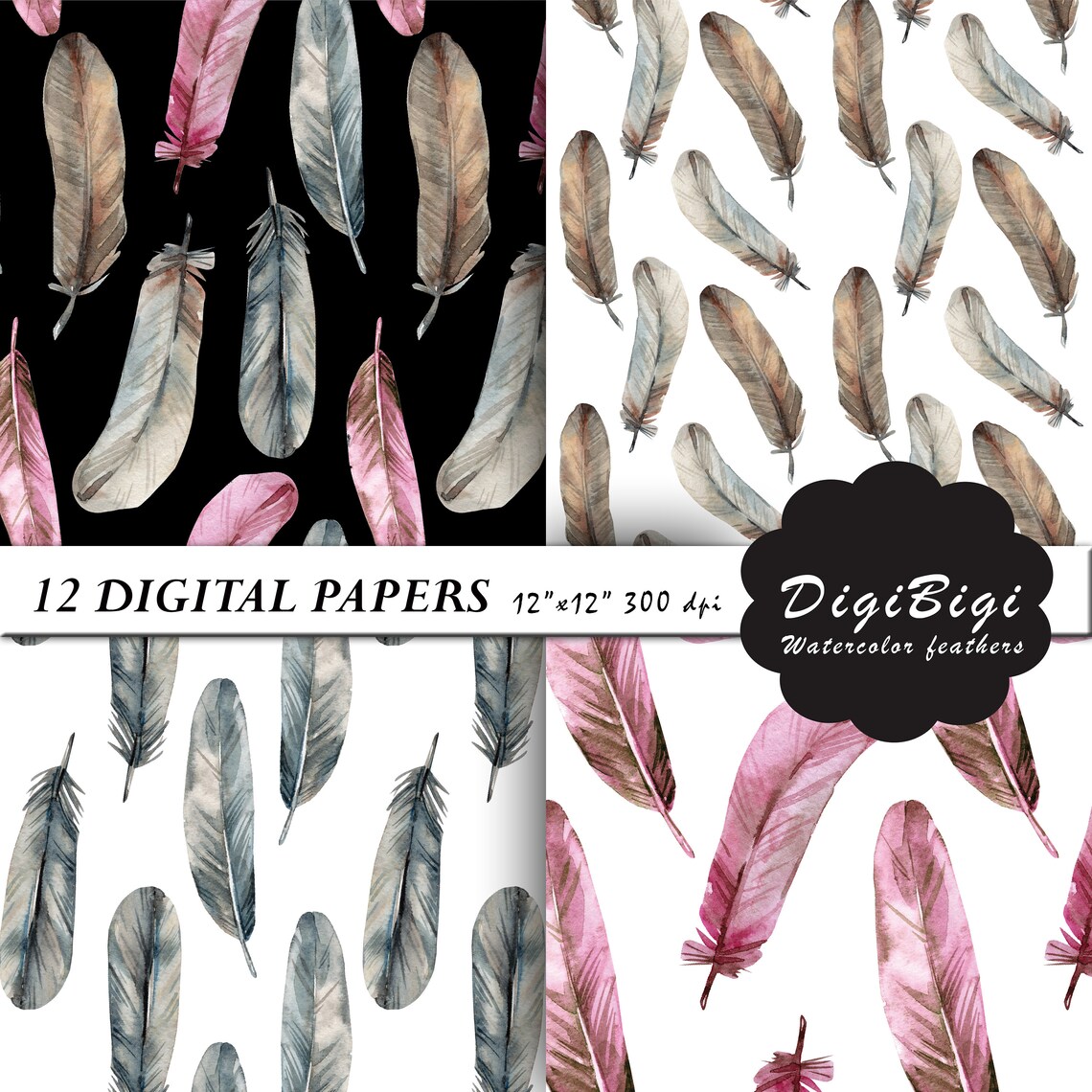 Watercolor Feathers Digital Paper, Seamless Feather Digital Paper ...