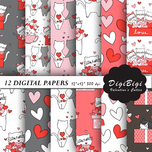 Valentines Digital Paper Cute Cat Digital Paper Seamless - Etsy