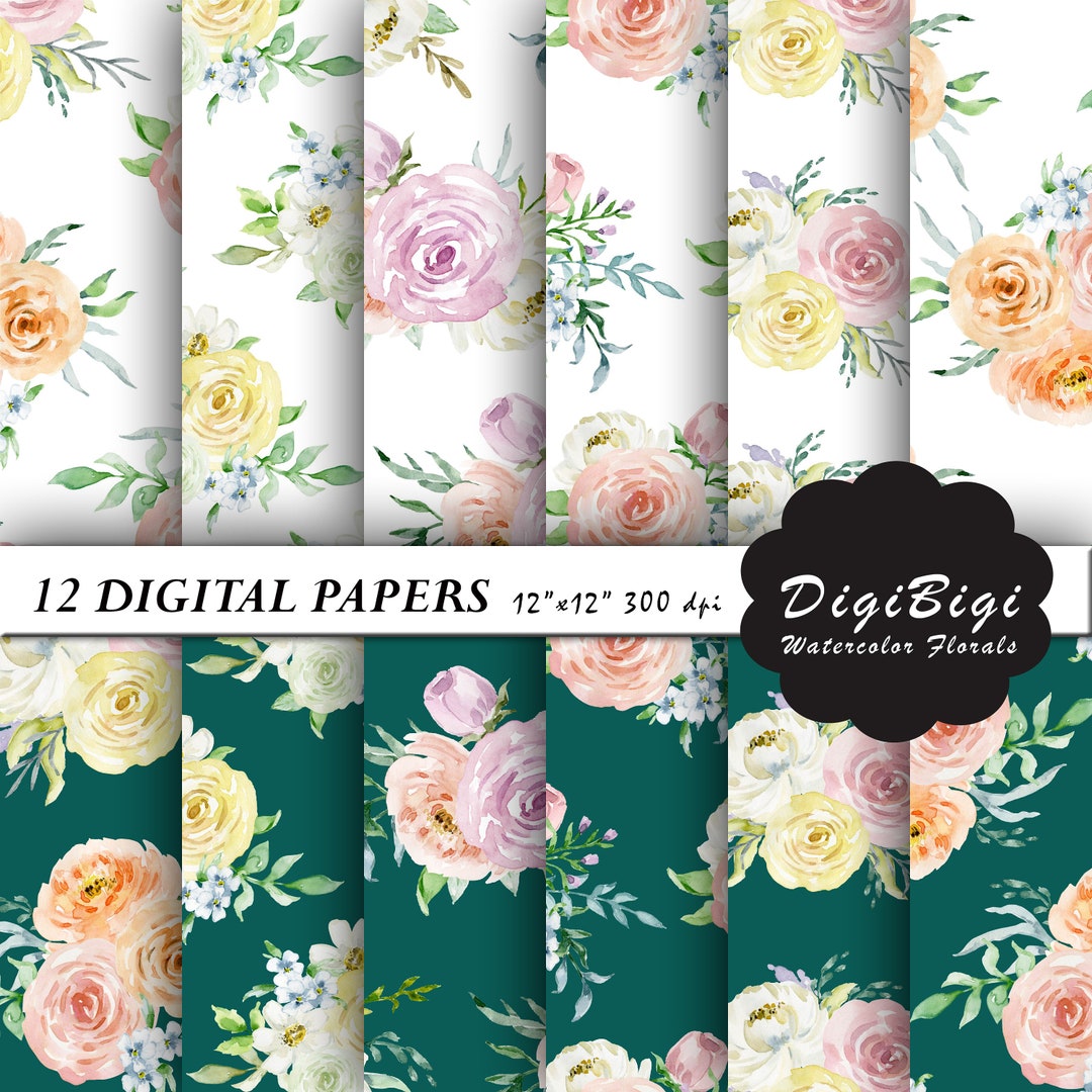 Watercolor Flower Digital Paper, Floral Digital Paper, Watercolor Roses ...