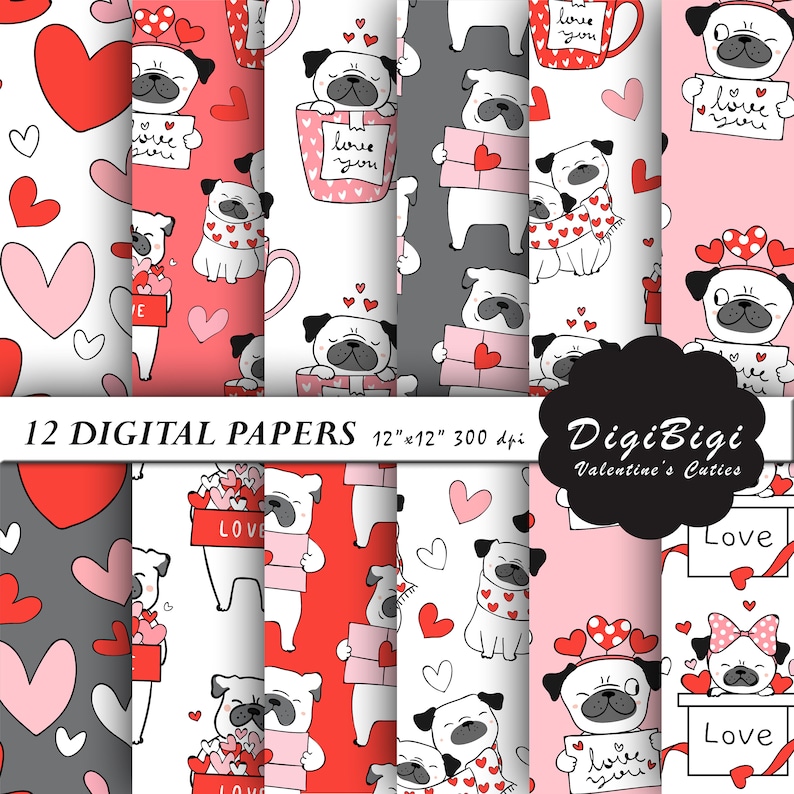 Valentines Digital Paper, Cute Puppies Digital Paper, Seamless ...