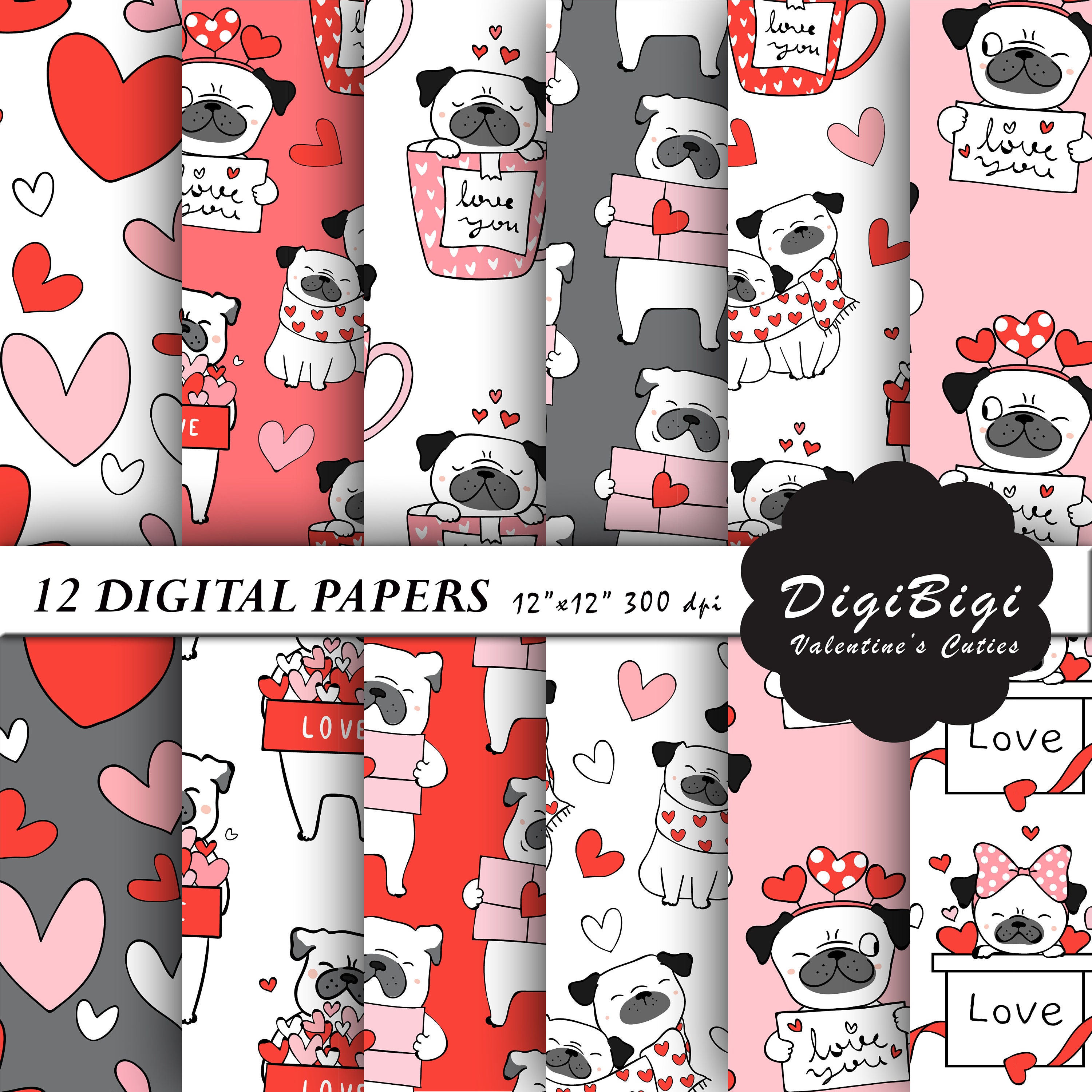 Valentines Digital Paper, Cute Puppies Digital Paper, Seamless ...