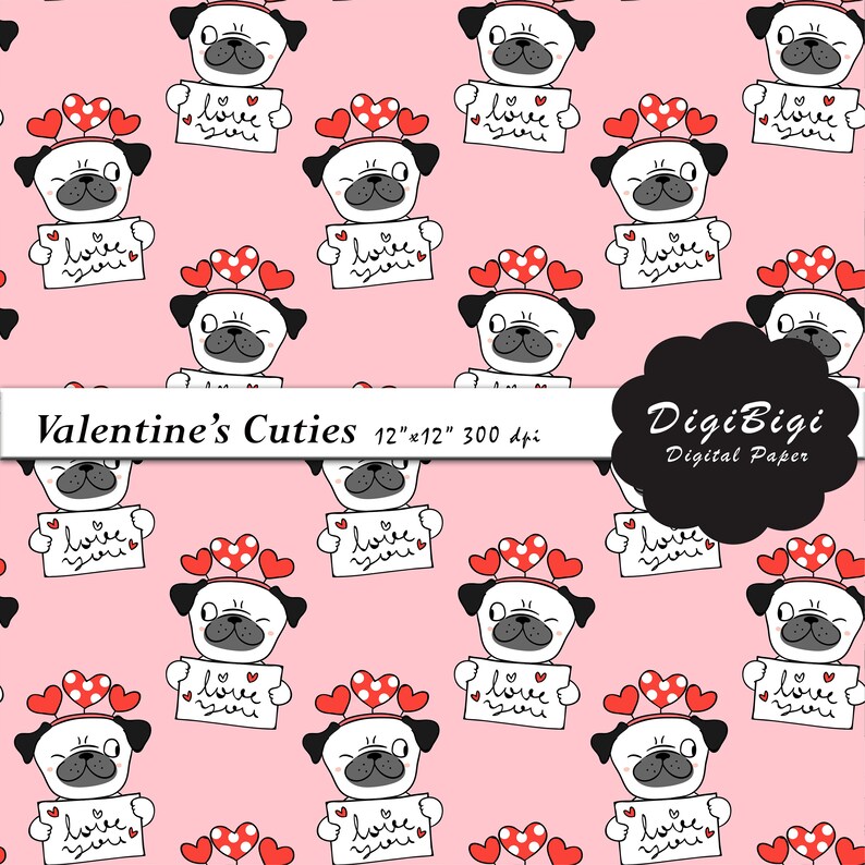 Valentines Digital Paper, Cute Puppies Digital Paper, Seamless ...