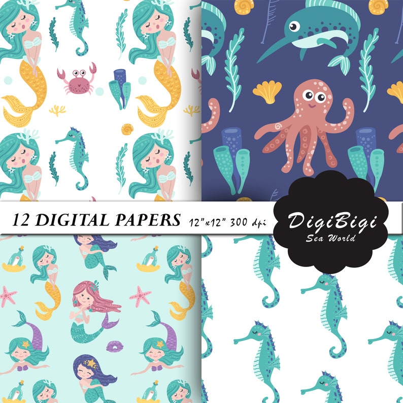 Sea World Digital Paper, Mermaid Digital Paper, Sea Patterns ...