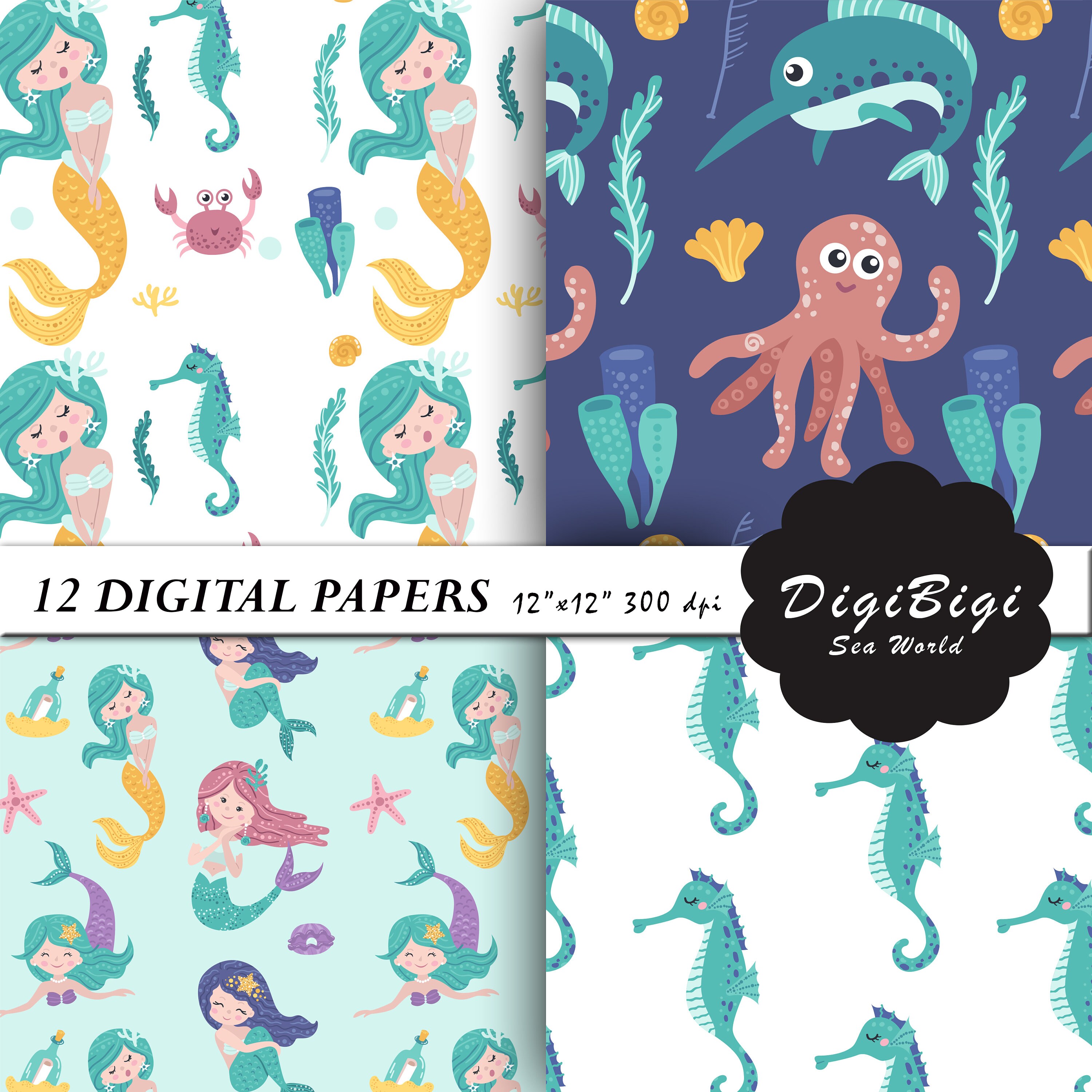 Sea World Digital Paper, Mermaid Digital Paper, Sea Patterns ...