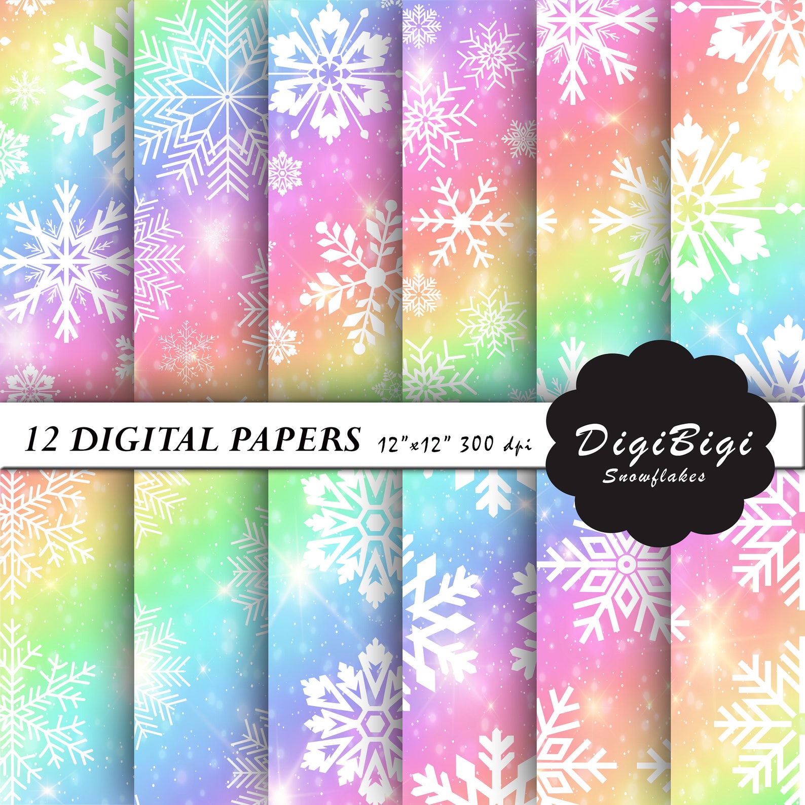 Unicorn Snowflake Digital Paper: Rainbow Christmas Scrapbook (12" X 12 ...