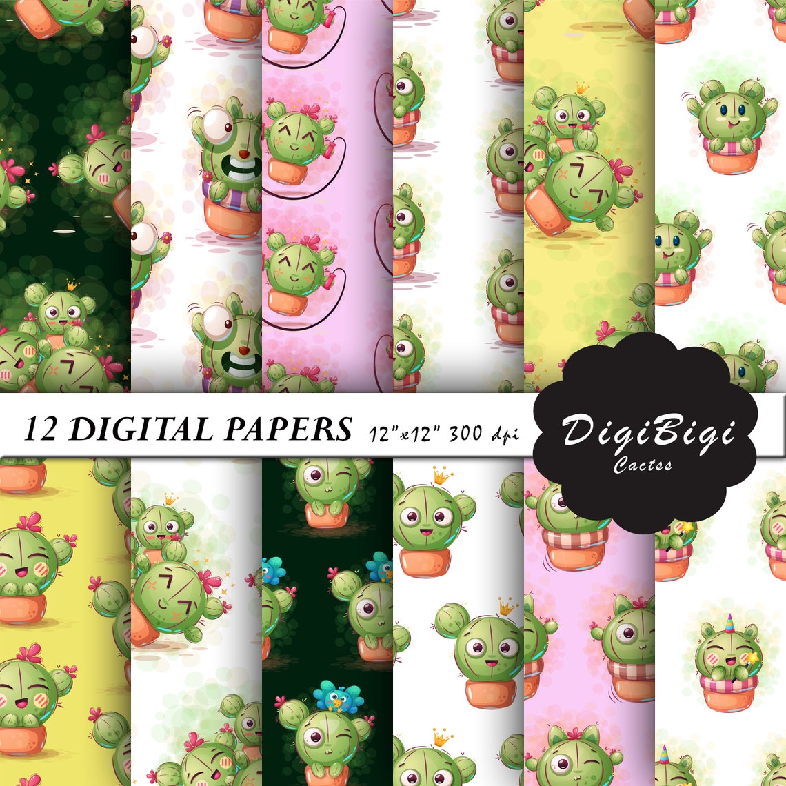 Cactus Digital Paper, Hand Drawn Cactus Digital Paper, Cactus Patterns ...
