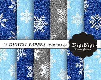Blue Glitter Snowflakes Digital Paper Christmas Digital | Etsy