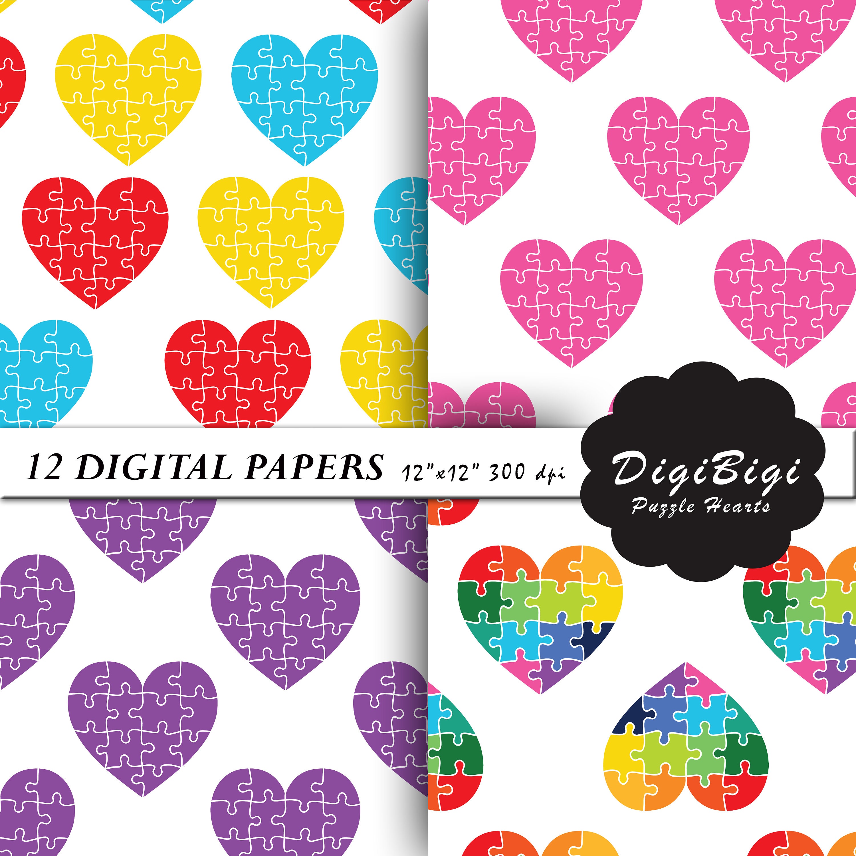 Hearts Digital Paper, Rainbow Hearts Digital Paper, Puzzle Heart ...