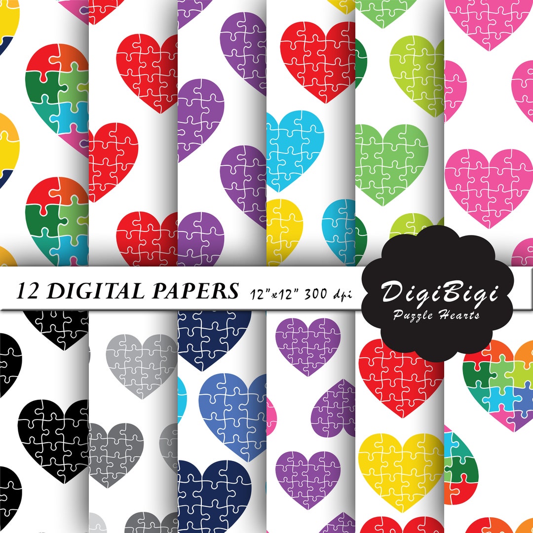 Hearts Digital Paper, Rainbow Hearts Digital Paper, Puzzle Heart ...
