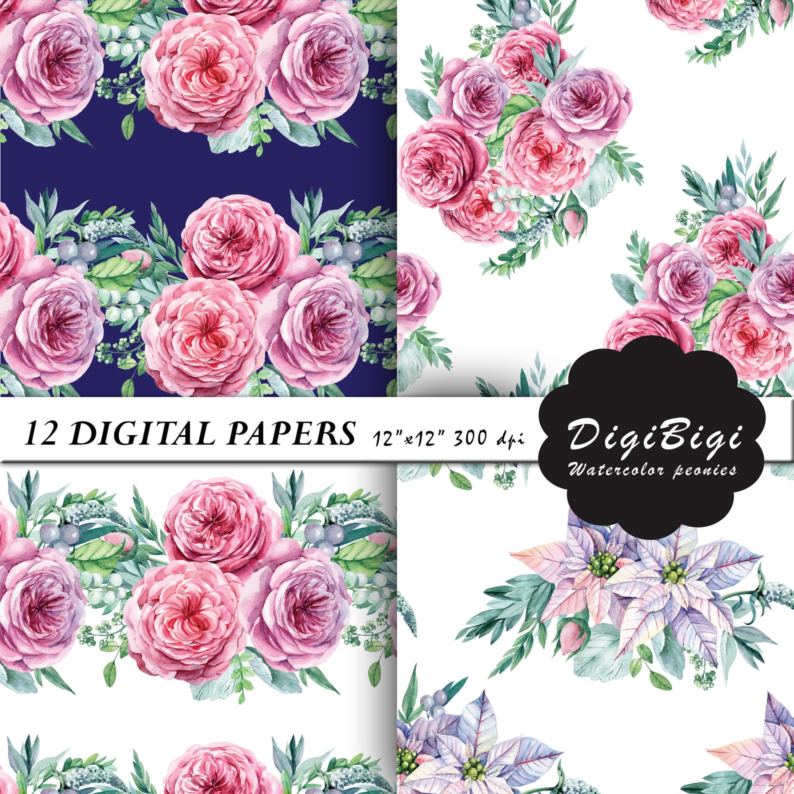 Watercolor Roses Digital Paper, Seamless Floral Digital Paper ...