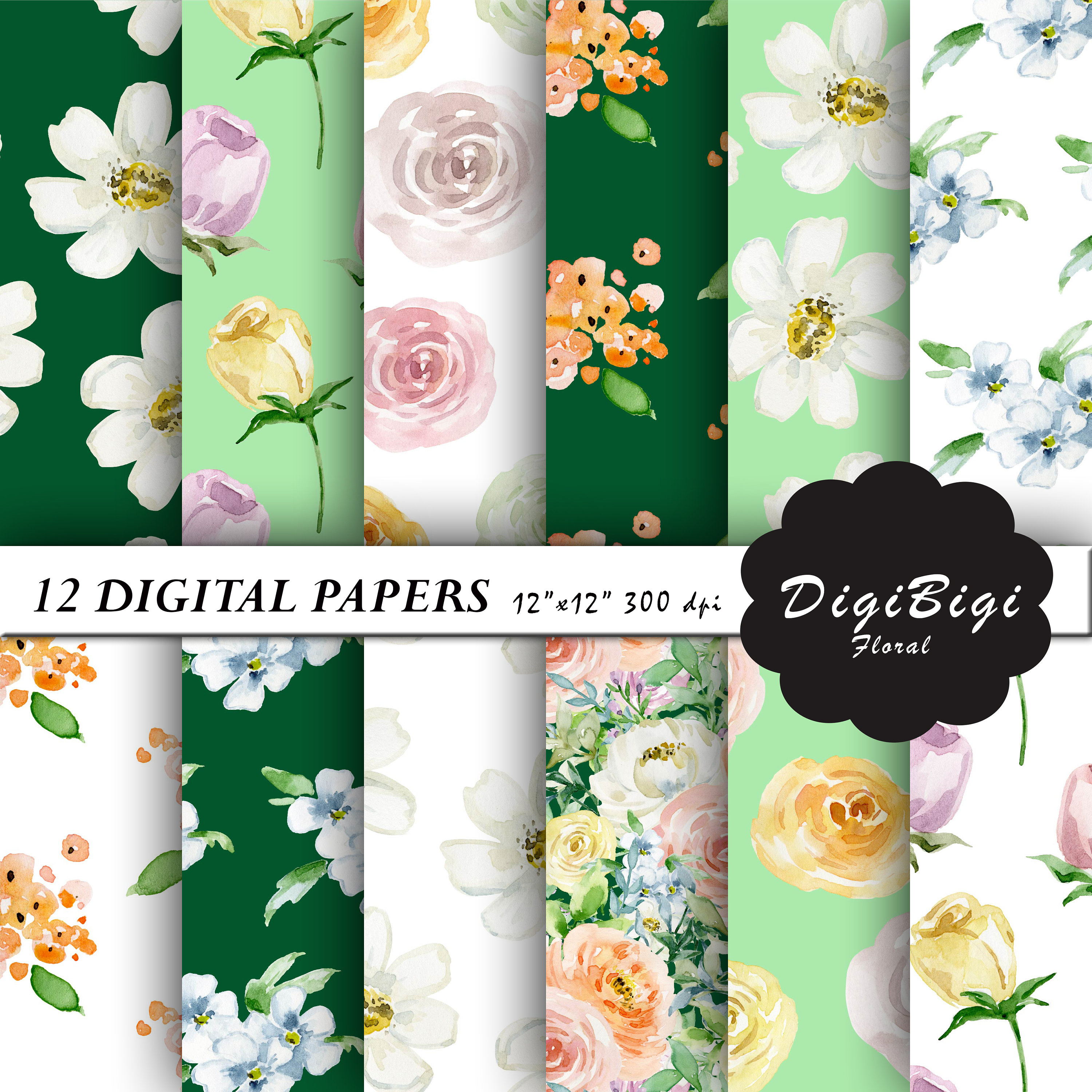 Floral Digital Paper, Watercolor Flowers Digital Paper, Watercolor ...
