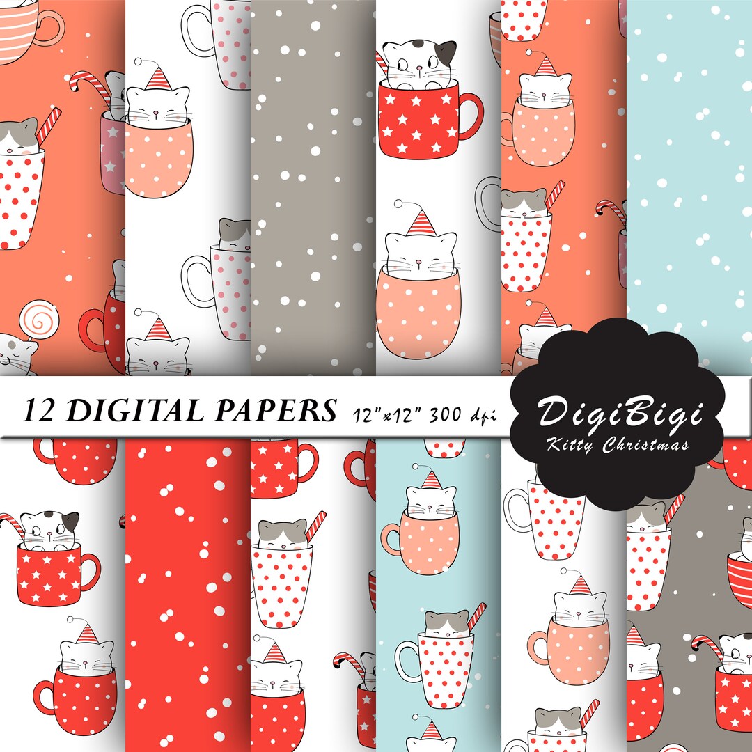 Seamless Christmas Digital Paper, Kitty Christmas Paper, Snowflake ...