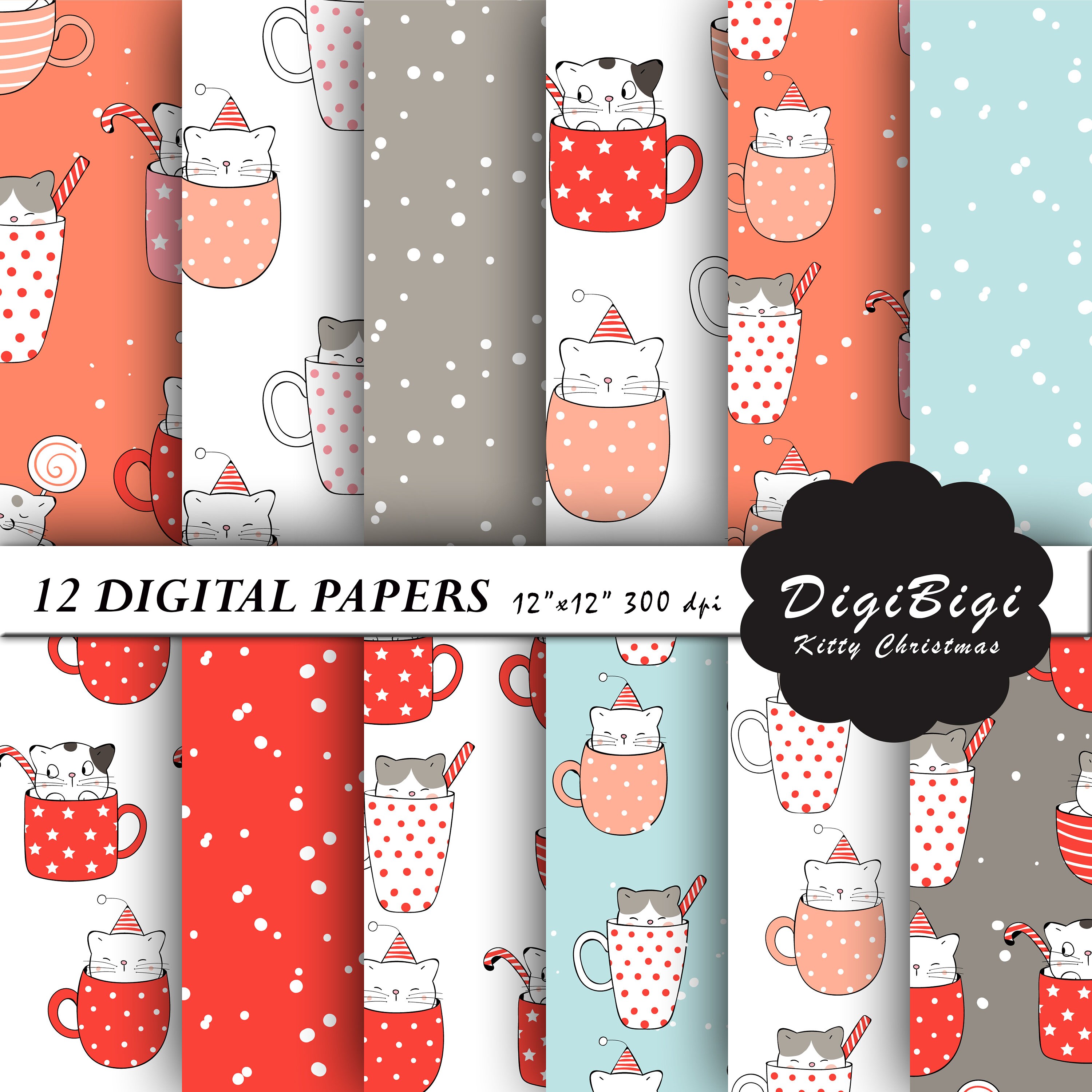 Seamless Christmas Digital Paper, Kitty Christmas Paper, Snowflake ...