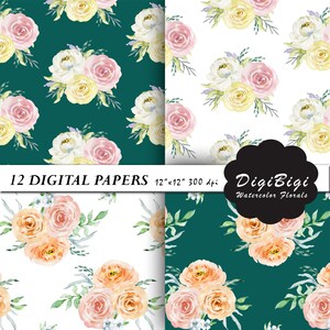 Watercolor Flower Digital Paper, Floral Digital Paper, Watercolor Roses ...