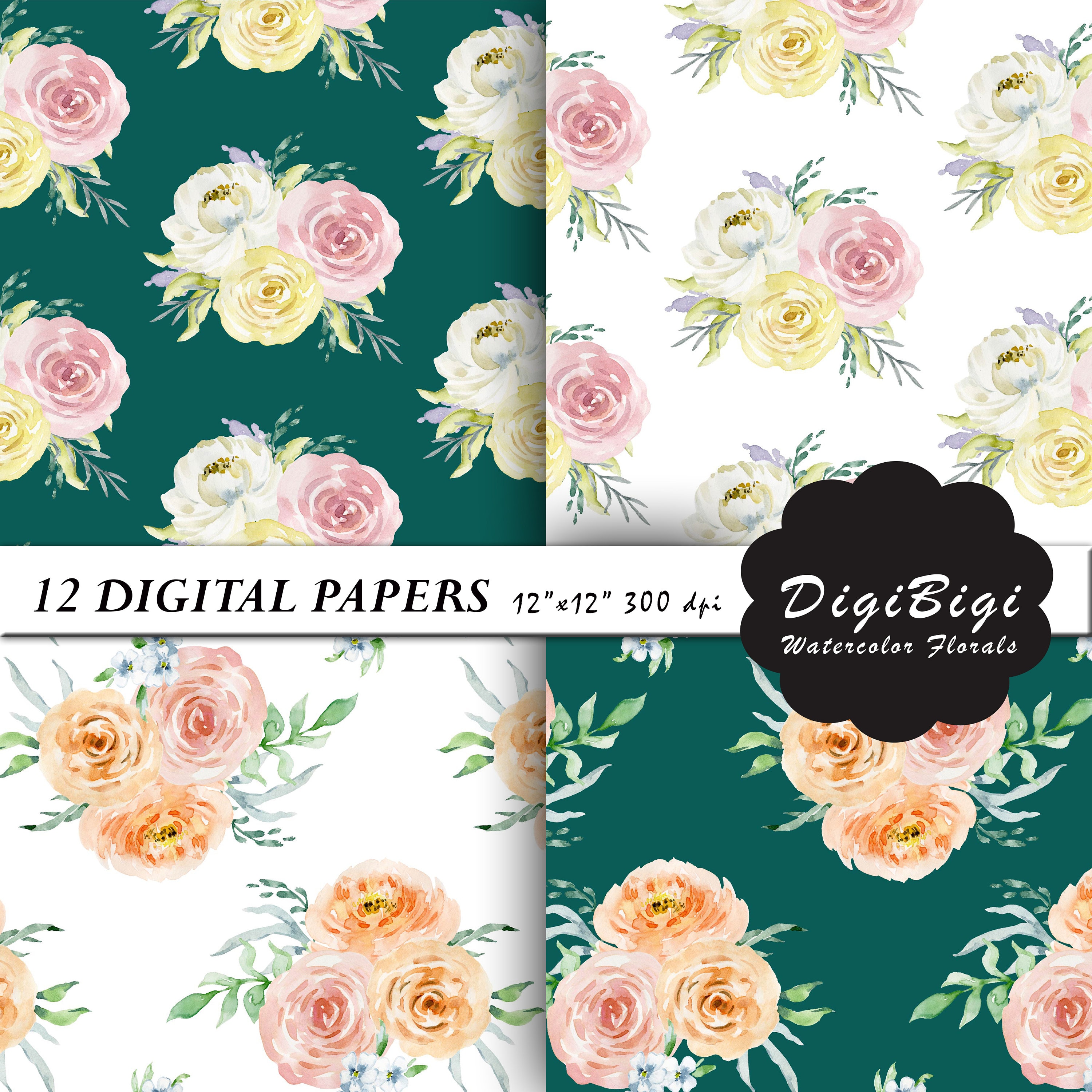 Watercolor Flower Digital Paper, Floral Digital Paper, Watercolor Roses ...