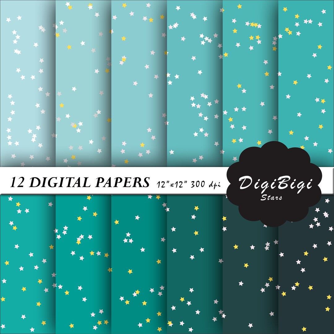 Turquoise Stars Digital Paper, Aquamarine Stars Digital Paper, Teal ...