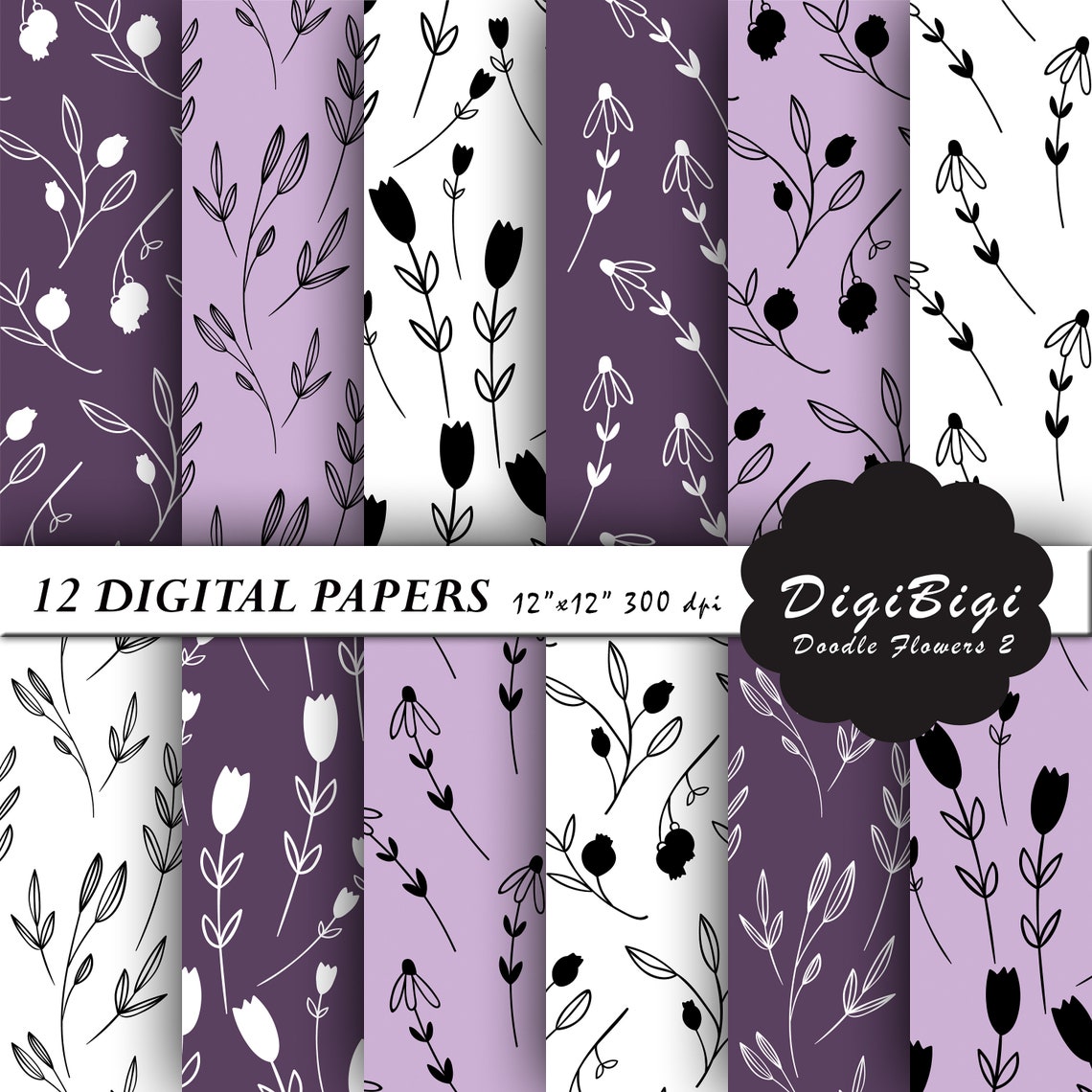 Purple Floral Digital Paper, Seamless Floral Digital Paper, Doodle ...