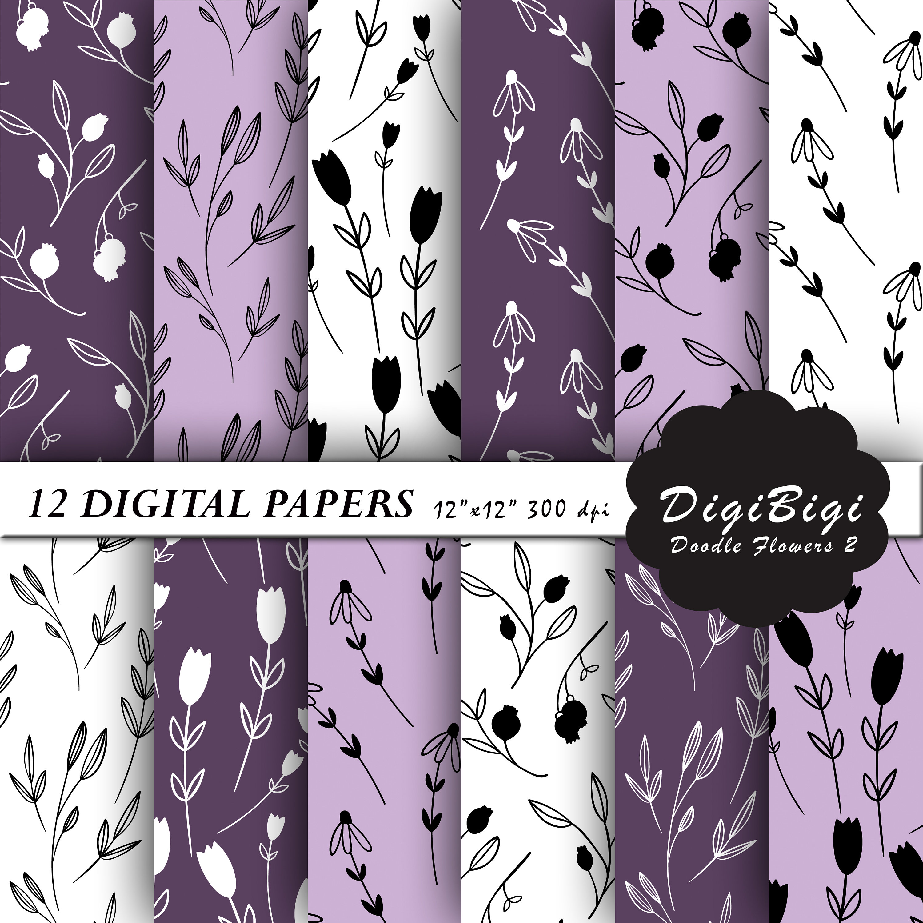 Purple Floral Digital Paper, Seamless Floral Digital Paper, Doodle ...