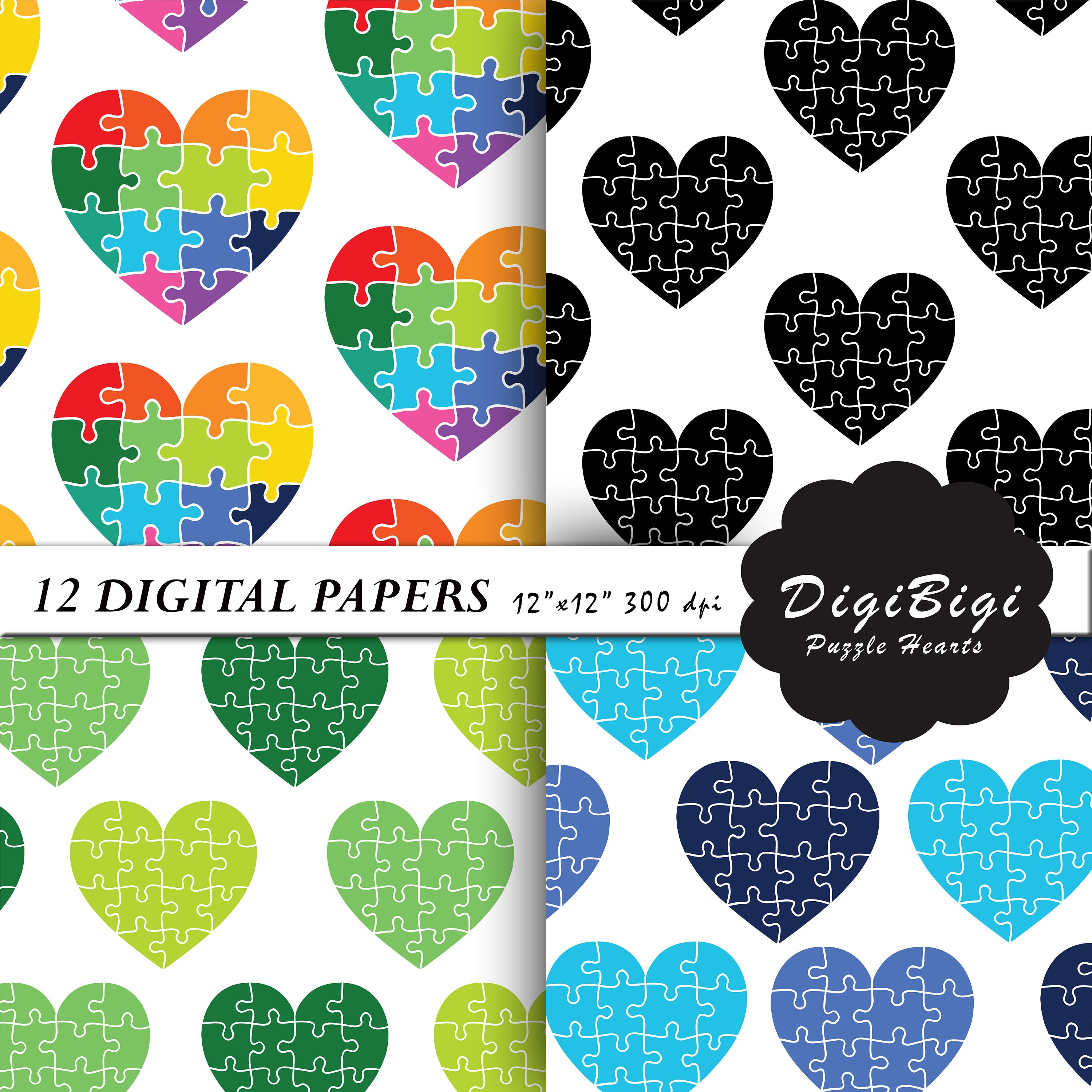 Hearts Digital Paper, Rainbow Hearts Digital Paper, Puzzle Heart ...