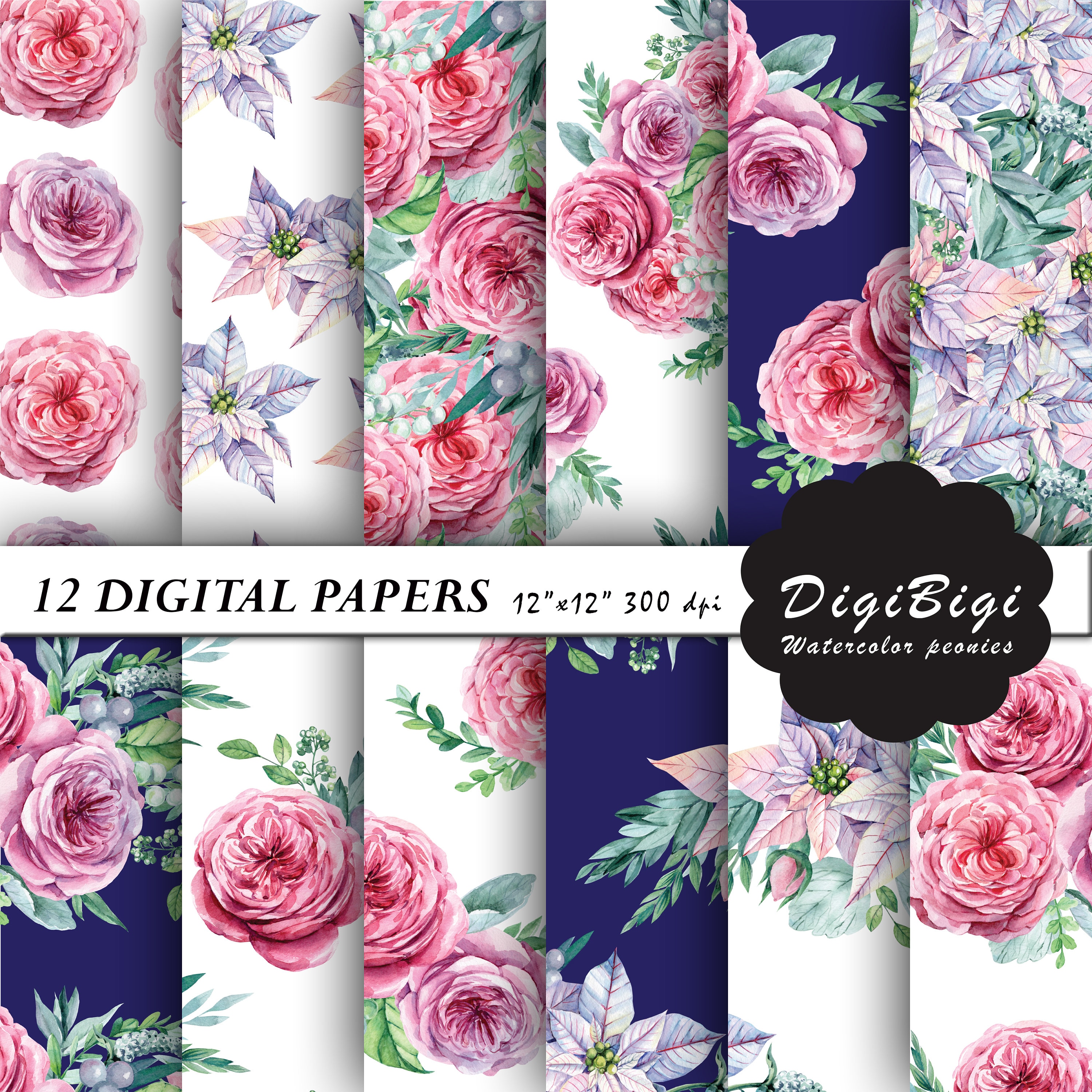 Watercolor Roses Digital Paper, Seamless Floral Digital Paper ...