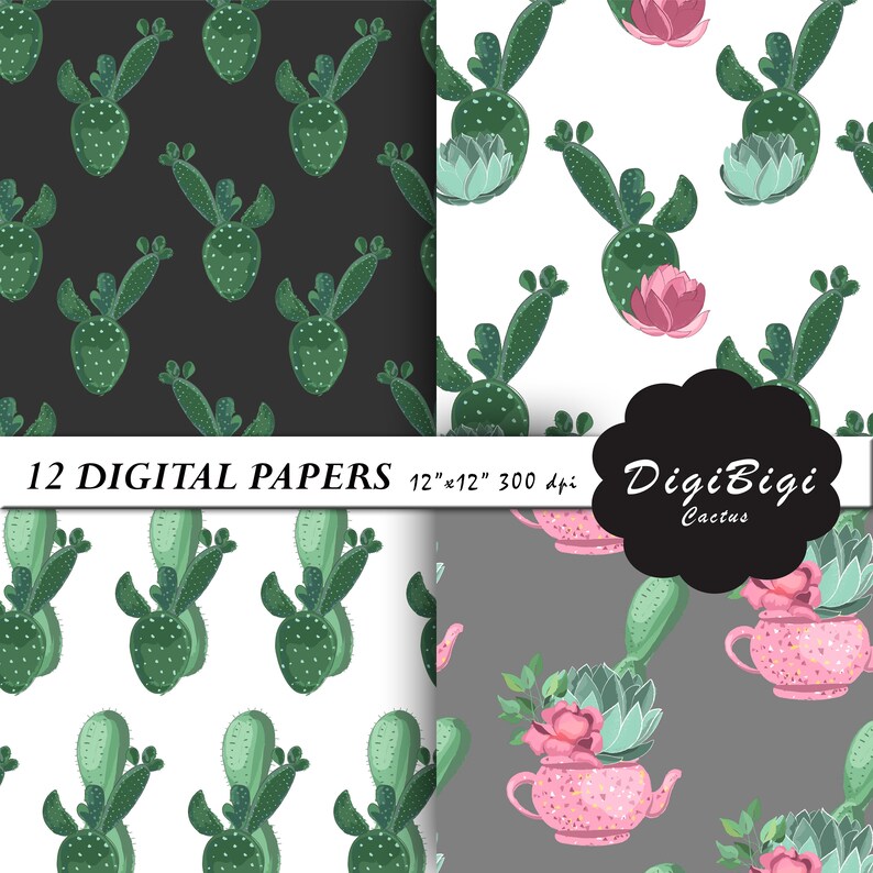 Watercolor Cactus Digital Paper, Seamless Cactus Digital Paper ...